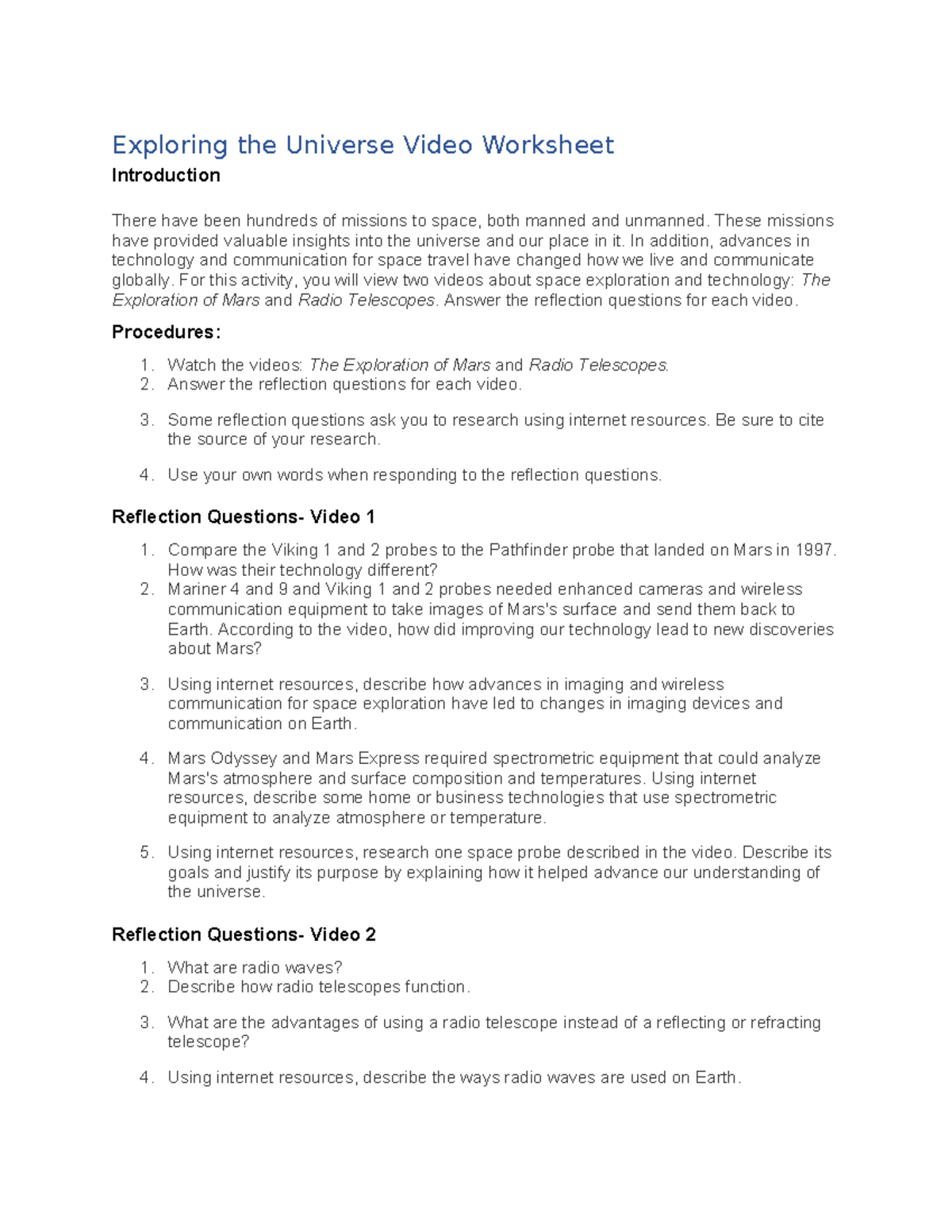 Exploring universe video worksheet - Exploring the Universe Video ...