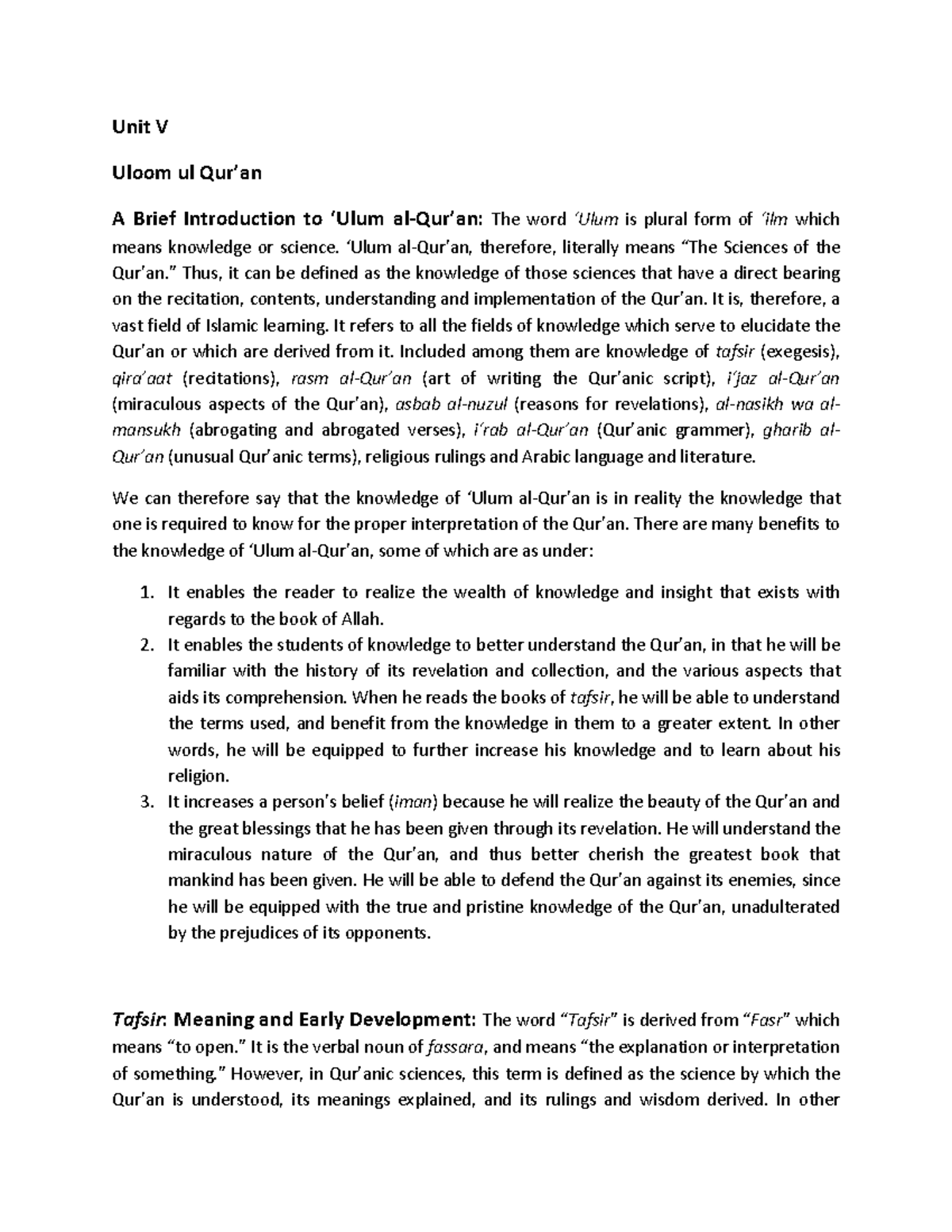 Islamic studies 1 - 2nd semester Kashmir University - Unit V Uloom ul ...