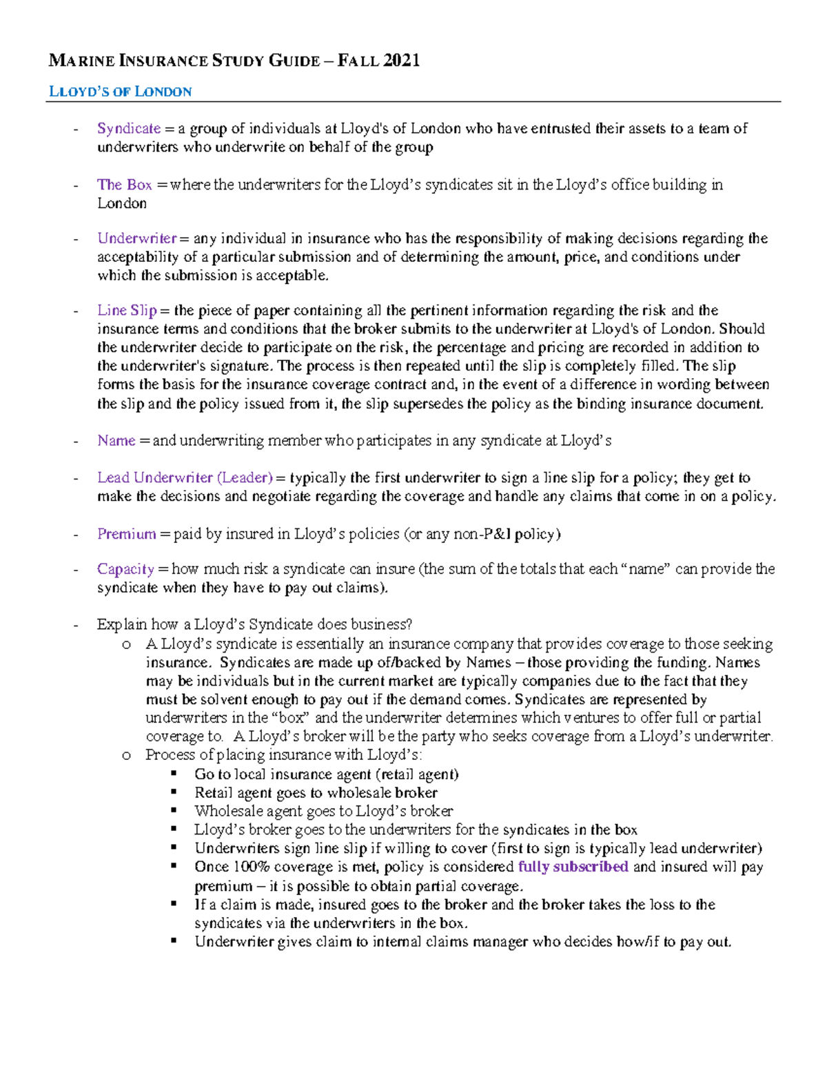 Marine Insurance Study Guide - Fall 2021 - MARINE INSURANCE STUDY GUIDE ...