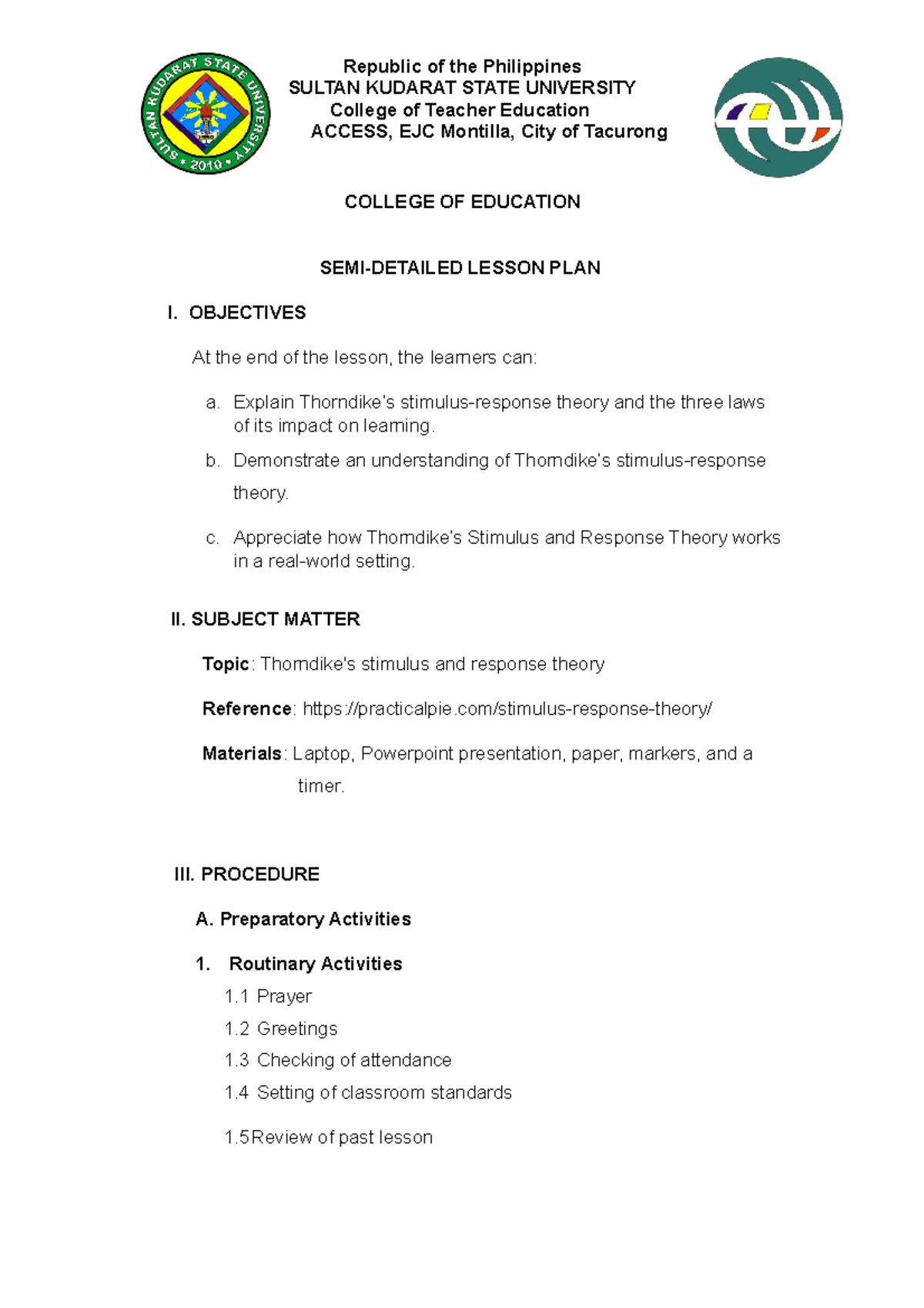 Thorndikes Theory Final LP - Republic of the Philippines SULTAN KUDARAT STATE UNIVERSITY College ...