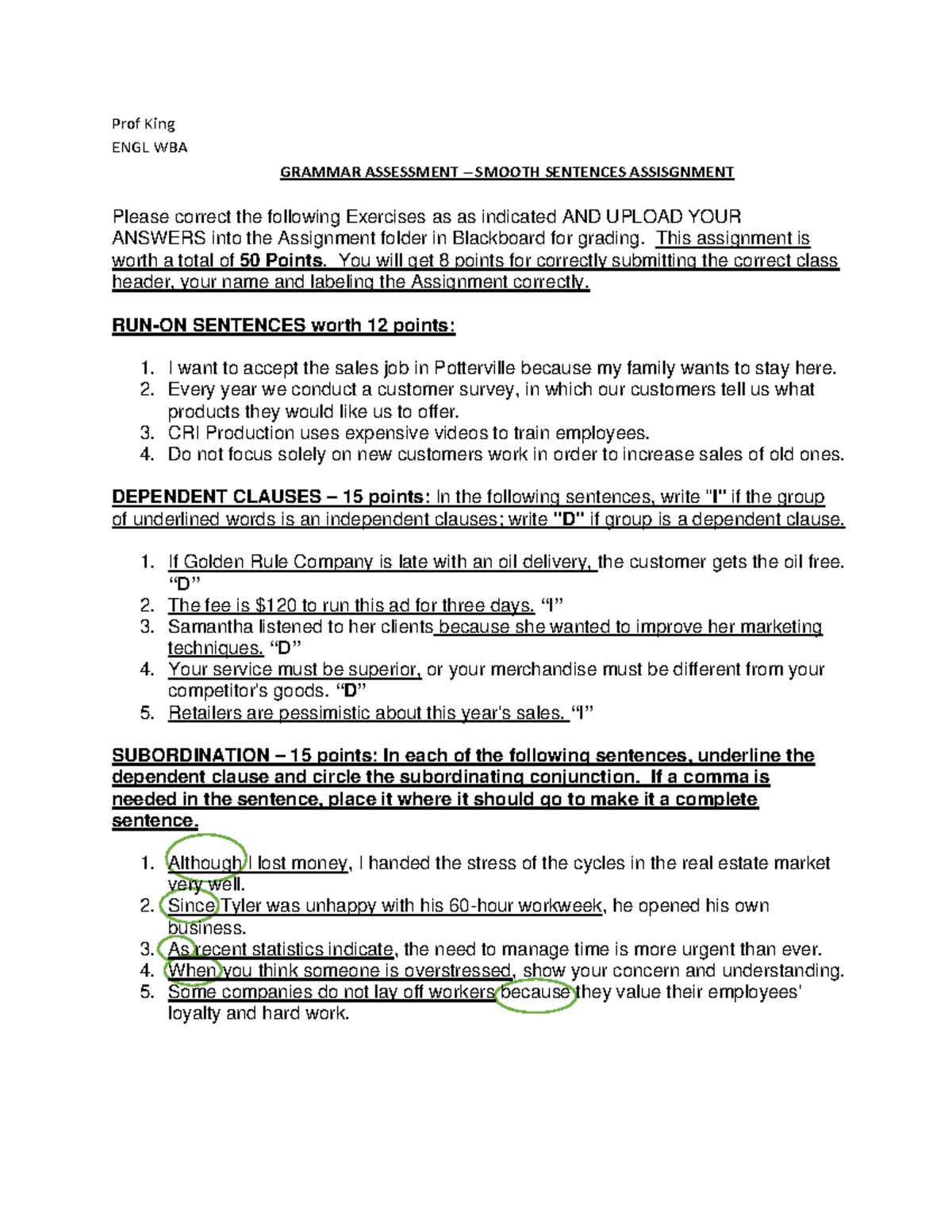 First Grammar Assessment - Prof King ENGL WBA GRAMMAR ASSESSMENT ...