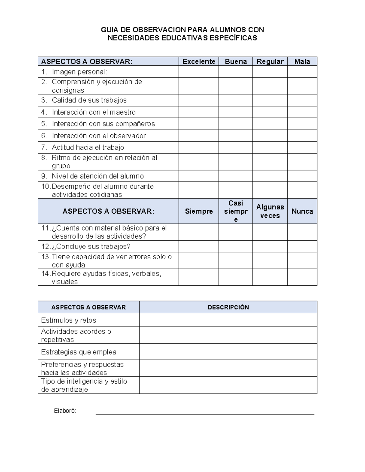 GUIA DE Observacion N.E.E - GUIA DE OBSERVACION PARA ALUMNOS CON NECESIDADES EDUCATIVAS ...