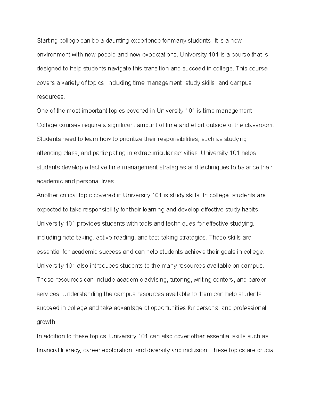 University 101 Write An Essay About College Starting College Can Be