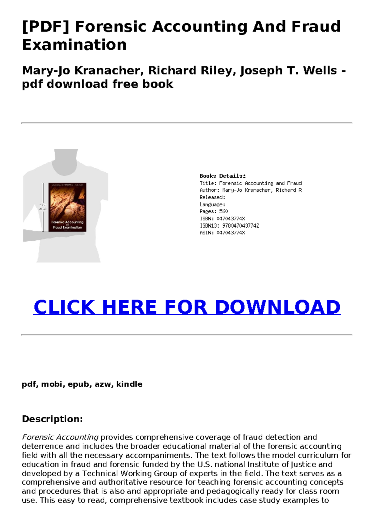 Forensic accounting and fraud examination mary jo kranacher richard riley joseph t wells pdf ...