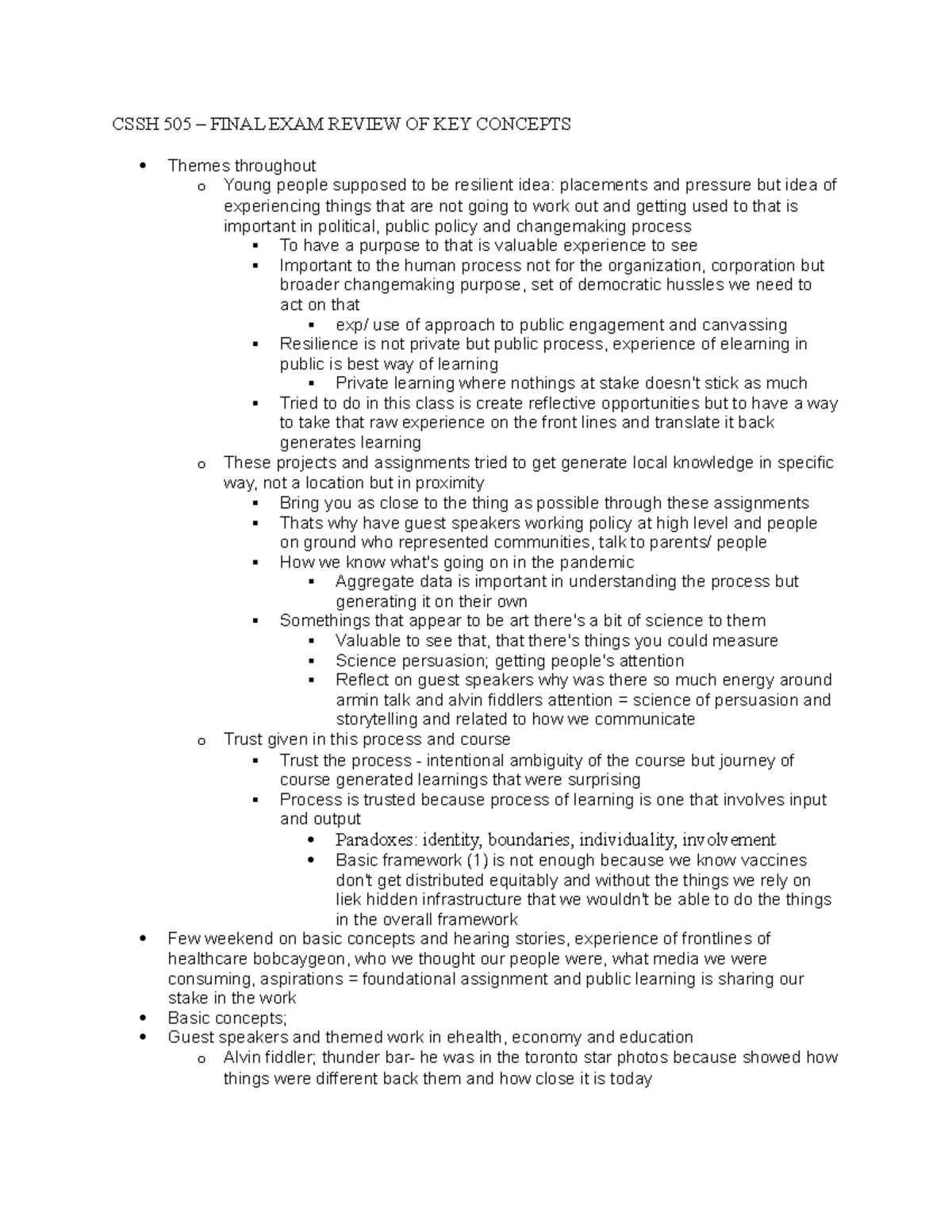 CSSH 505 Notes final - CSSH 505 – FINAL EXAM REVIEW OF KEY CONCEPTS ...