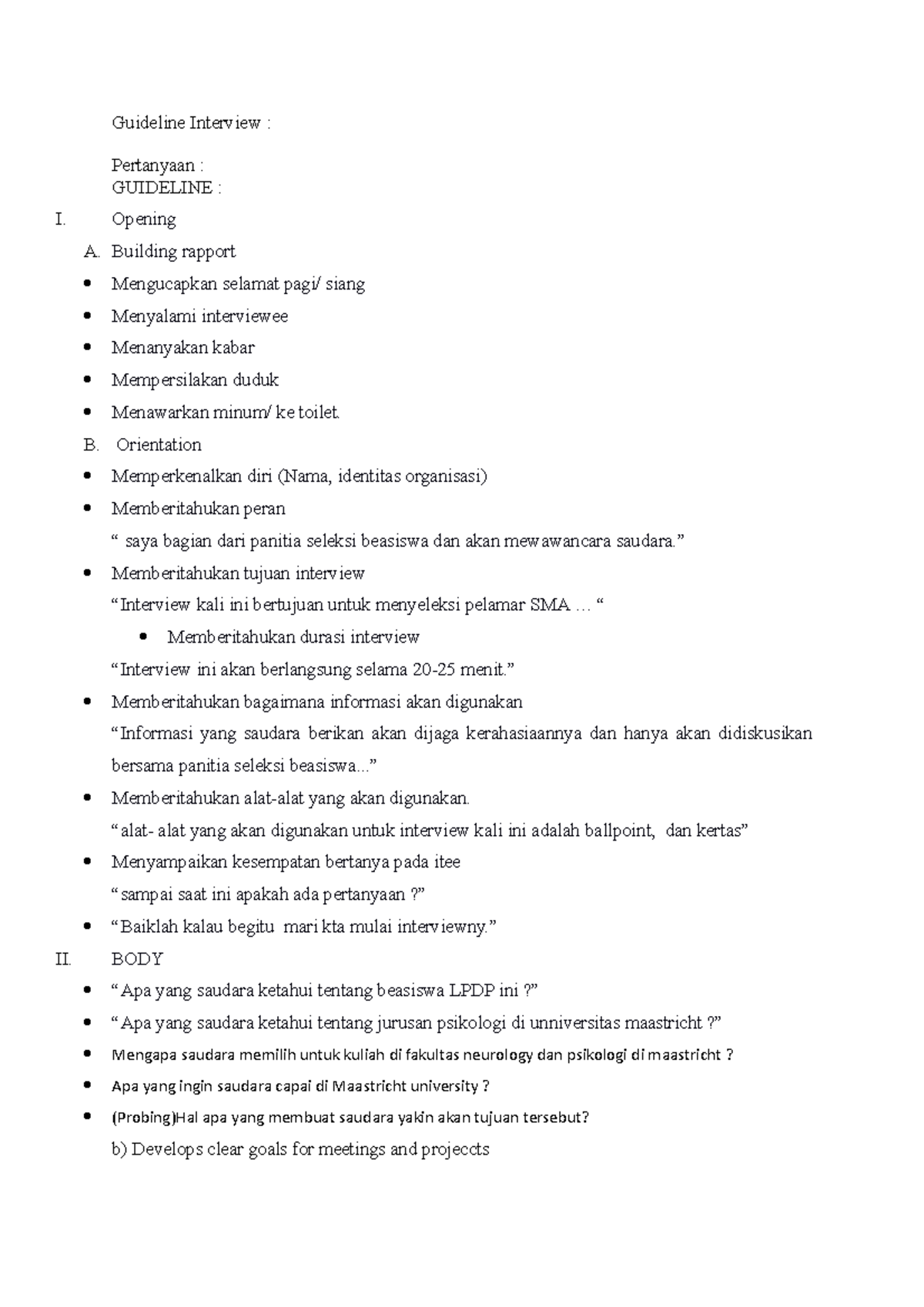 Guideline Interview SMA - Guideline Interview : Pertanyaan : GUIDELINE : I. Opening A. Building ...