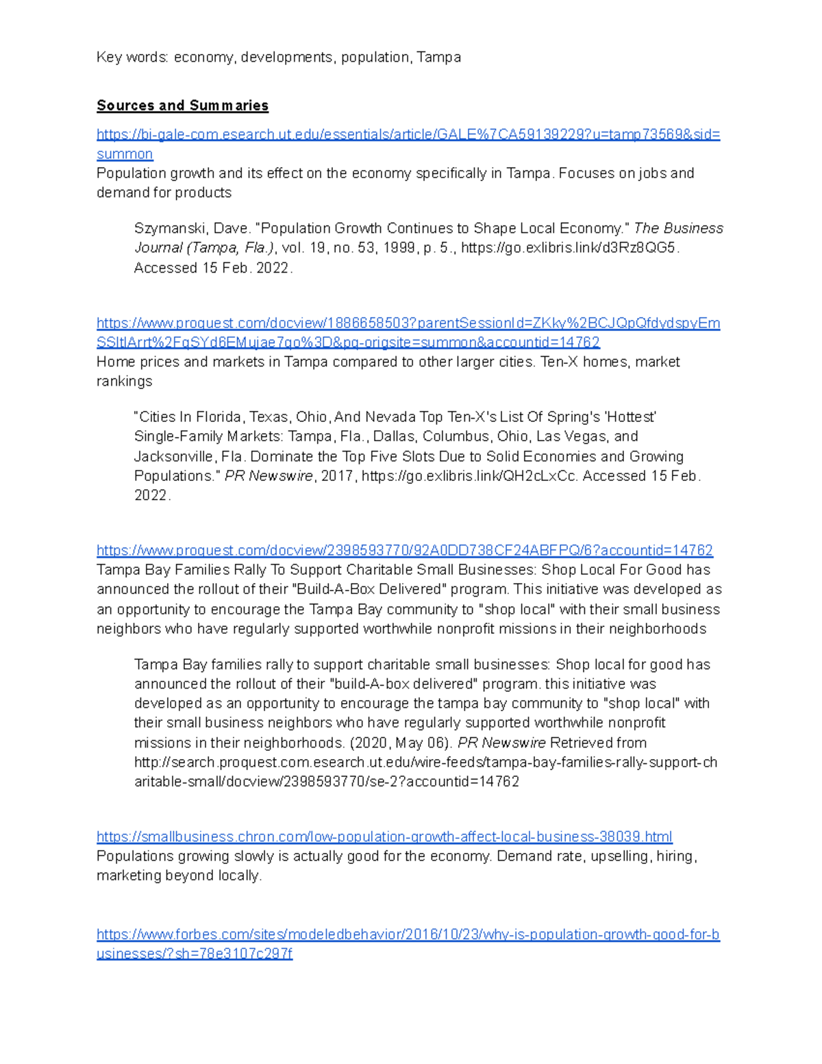 Sources for Essay - Key words: economy, developments, population, Tampa ...
