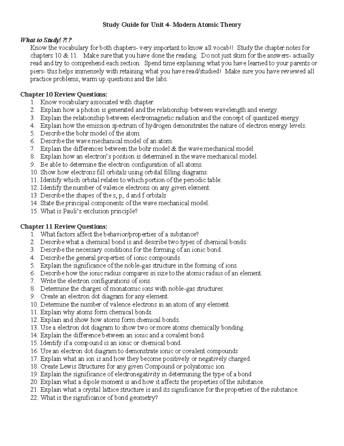 Study Guide for Unit 4 - notes - Study Guide for Unit 4- Modern Atomic ...