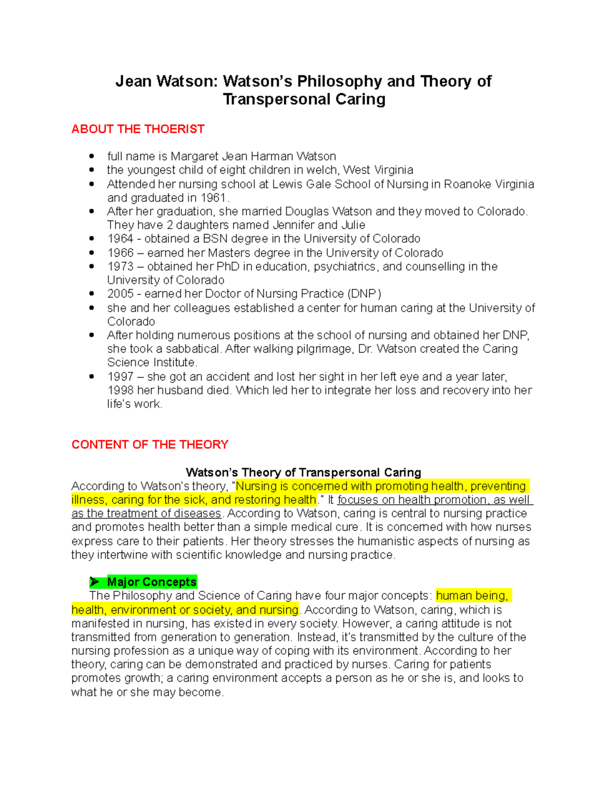 2 Jean Watson Theory - Handouts - Jean Watson: Watson’s Philosophy and ...