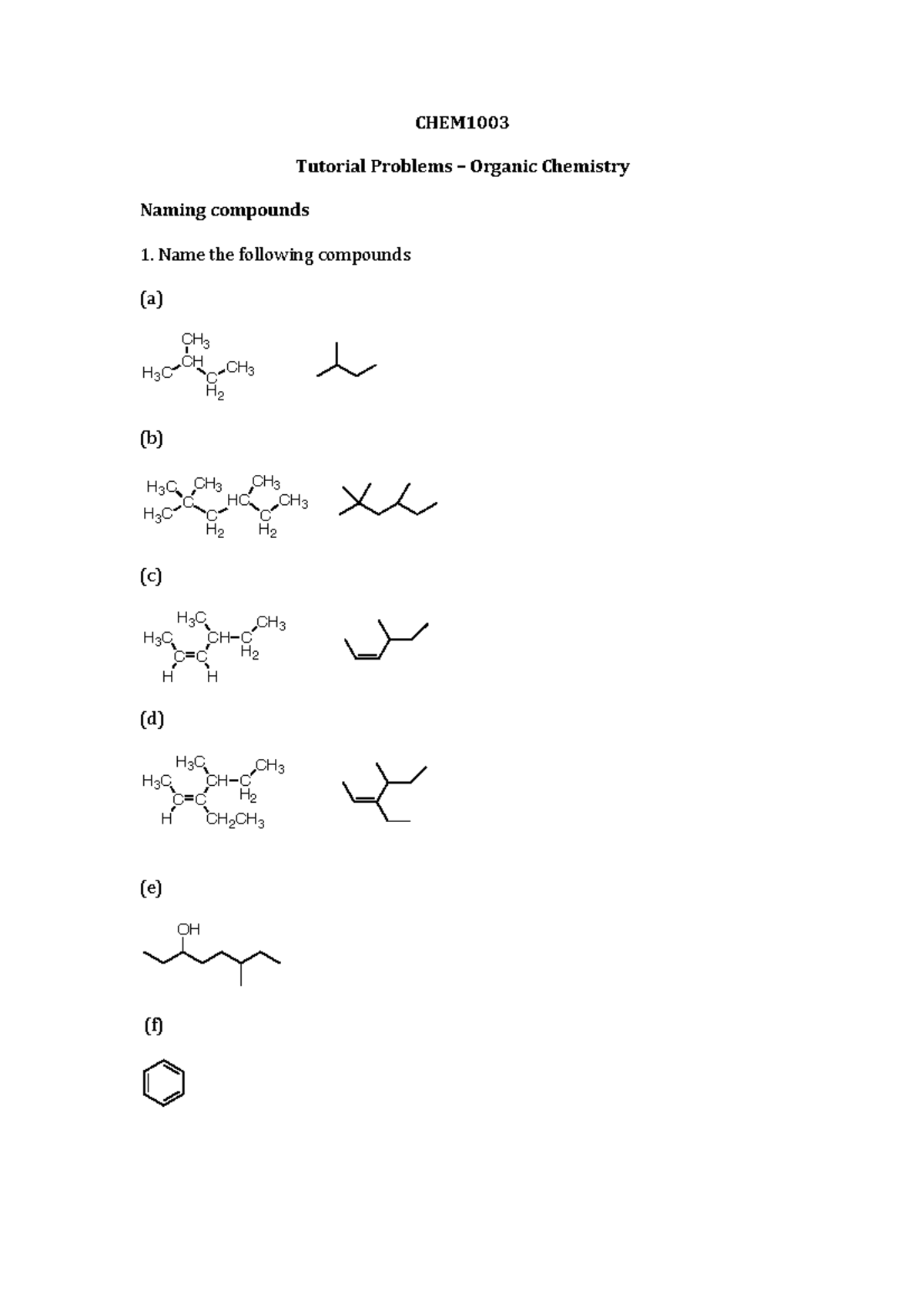 CHEM1003-Organic Tutorial Questions - CHEM1003 Tutorial Problems ...