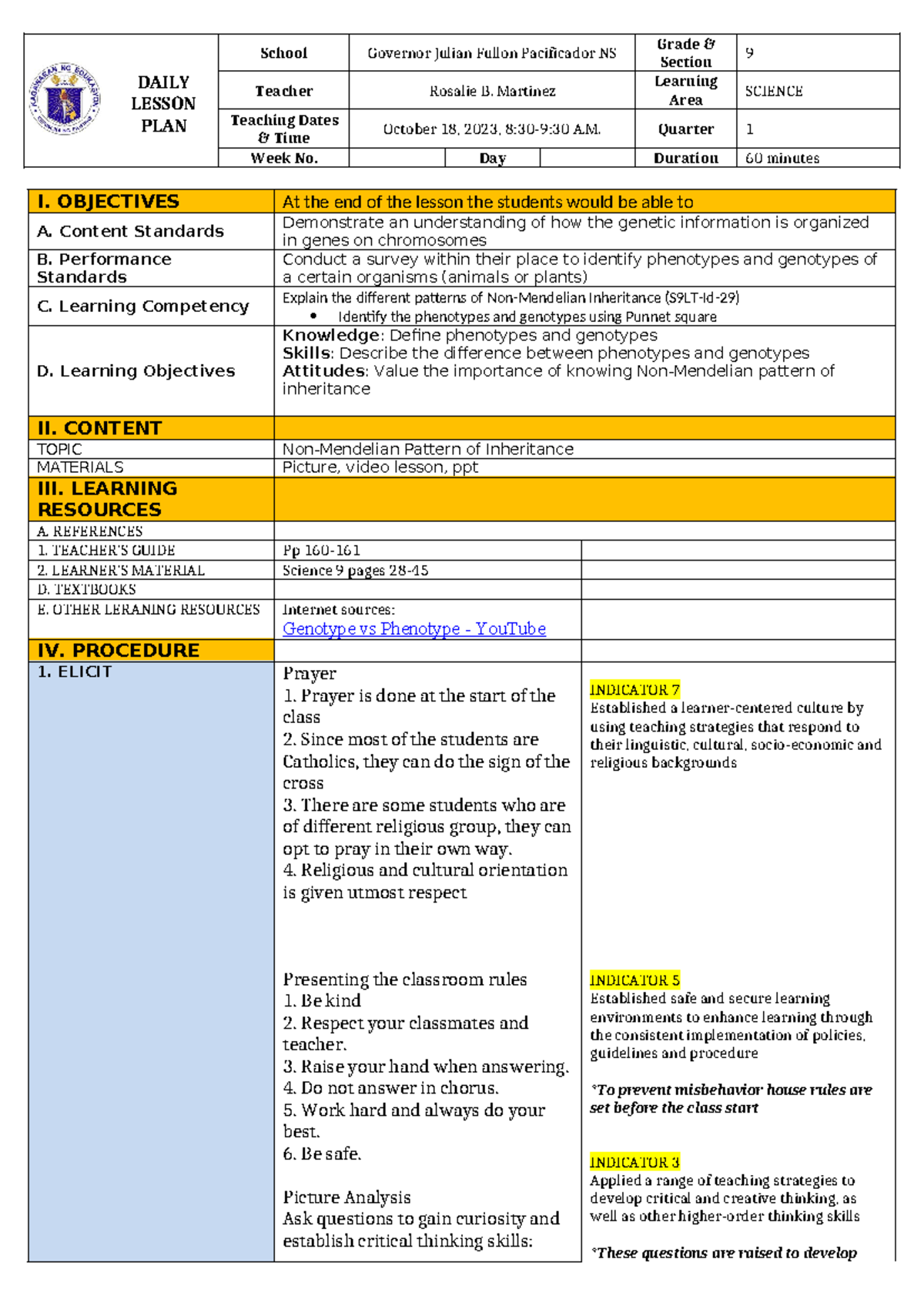 1st Quarter Classroom Observation Lesson Plan - DAILY LESSON PLAN ...