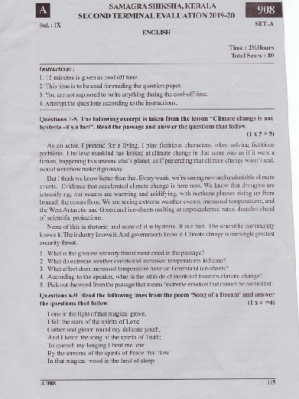 English Question Paper Kerala Class 9 Second Term Exam Dec 2019 - B.A ...