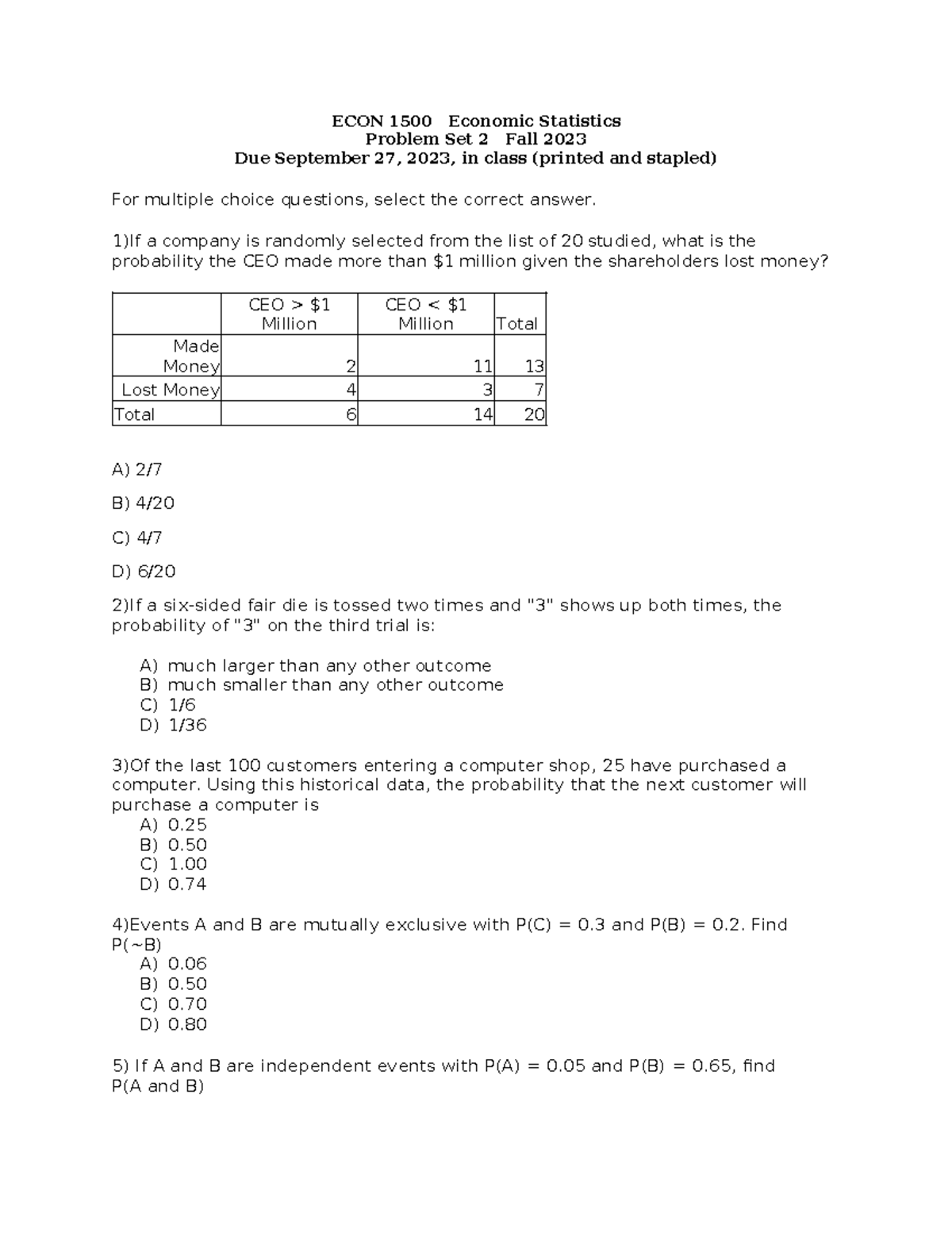 ECON1500 Homework 2 - ECON 1500 Economic Statistics Problem Set 2 Fall ...