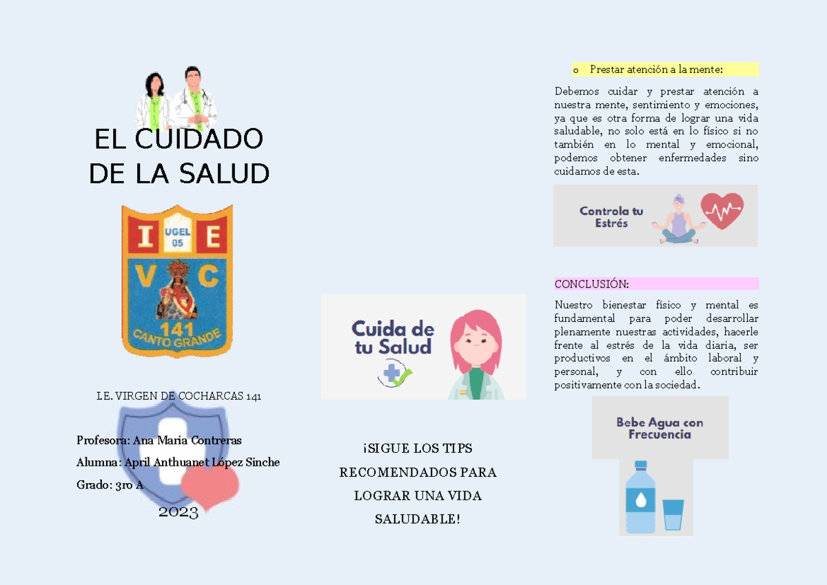 Triptico - EL CUIDADO DE LA SALUD I. VIRGEN DE COCHARCAS 141 Profesora ...