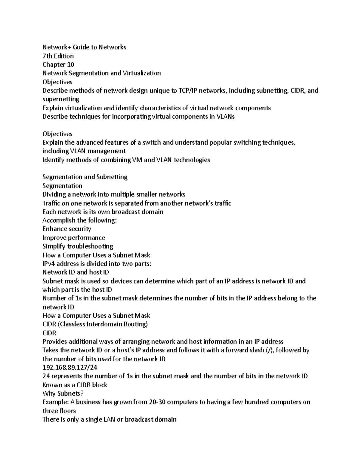 Ch10net - Lecture notes 10 - Network+ Guide to Networks 7th Edition ...