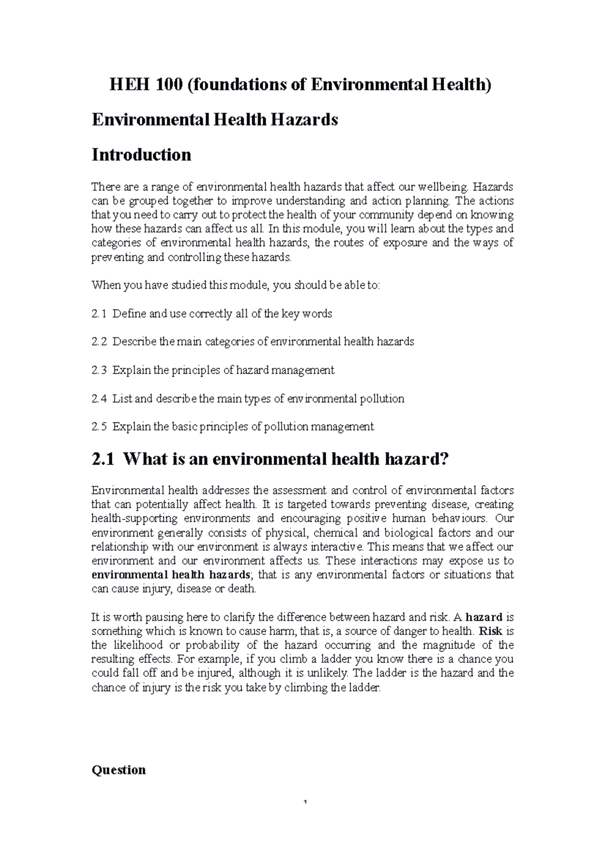 Hazards - Introduction to Environmental Health - HEH 100 (foundations ...