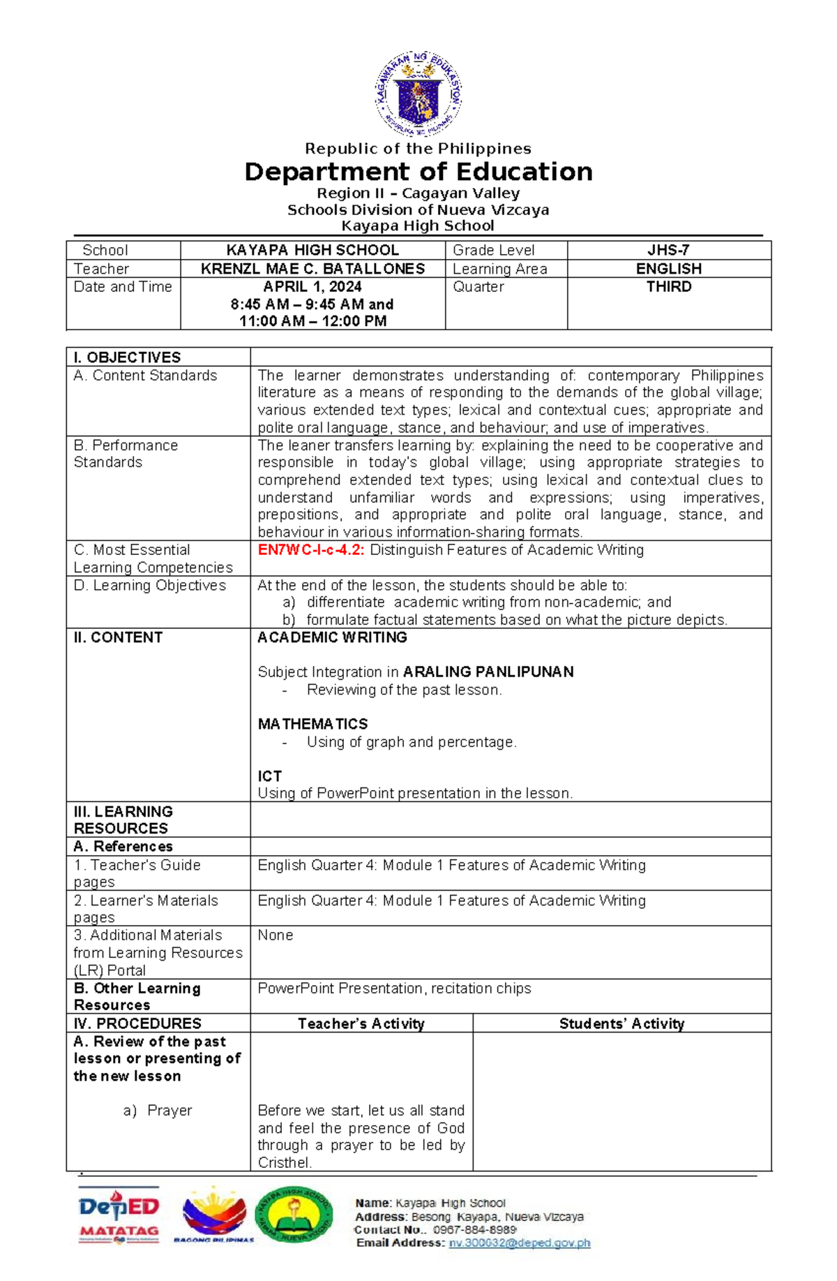 1 - Lesson plan (pt) - Republic of the Philippines Department of ...