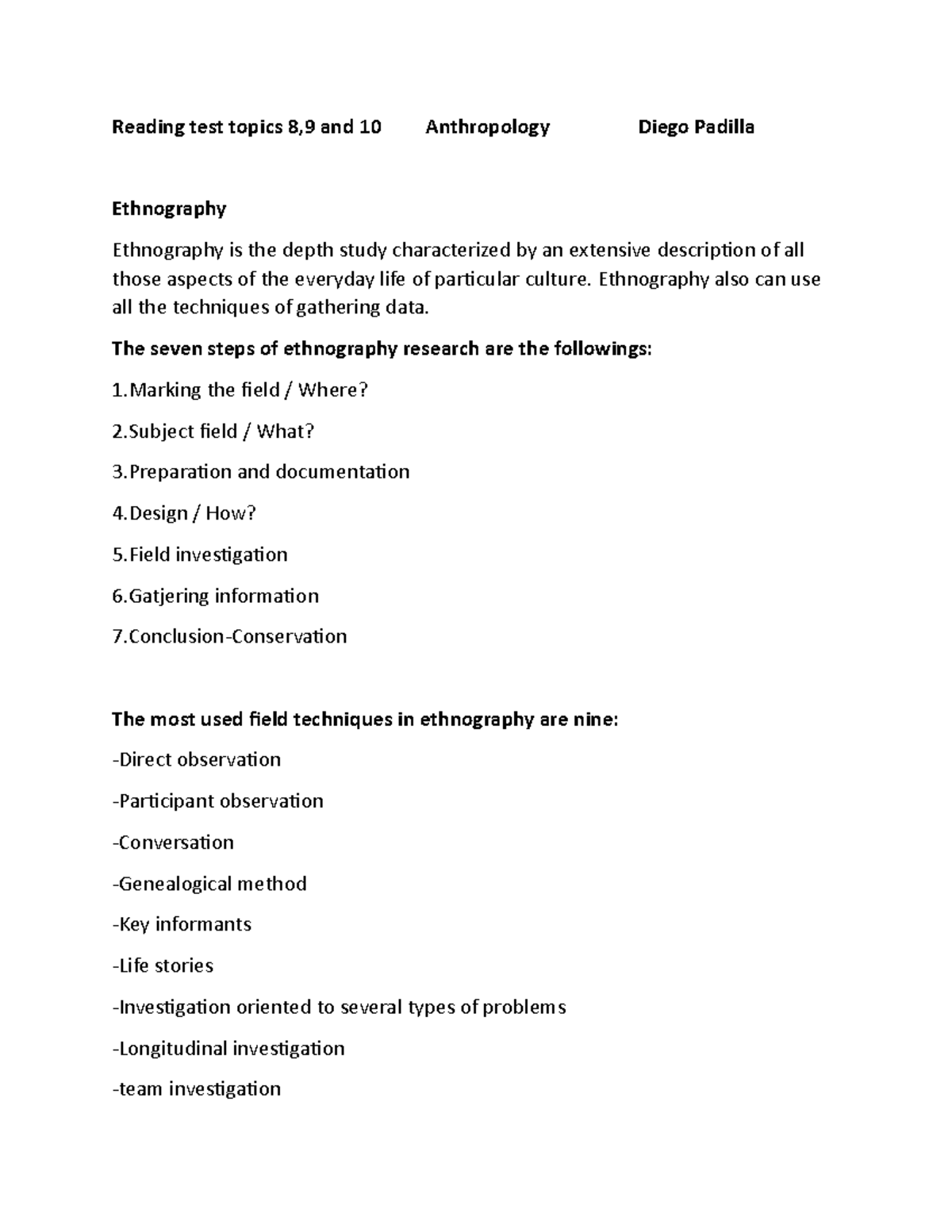 Reading test 8,9 and 10 A - Reading test topics 8,9 and 10 Anthropology ...
