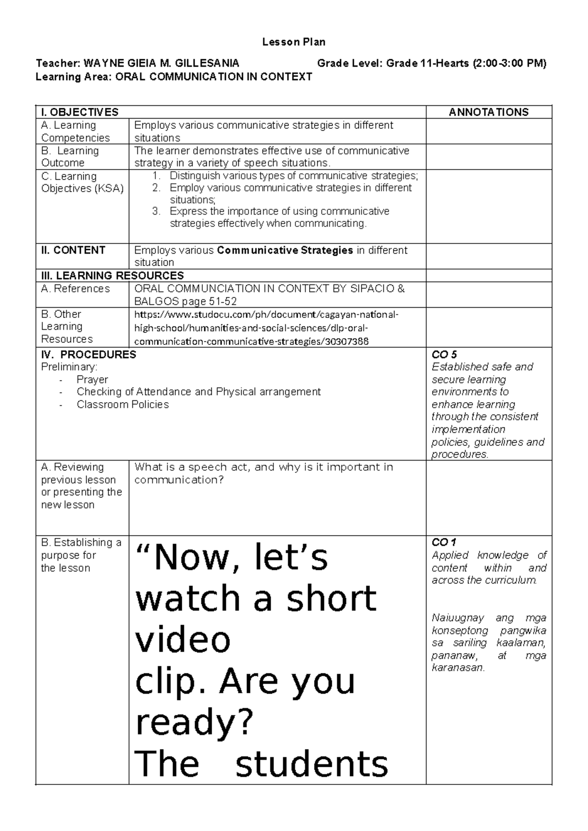 Communicative Strategy - Lesson Plan Teacher: WAYNE GIEIA M. GILLESANIA ...