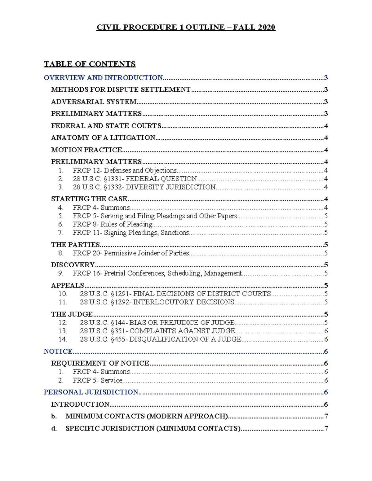Civil Procedure I - TABLE OF CONTENTS Broadens the scope of federal ...