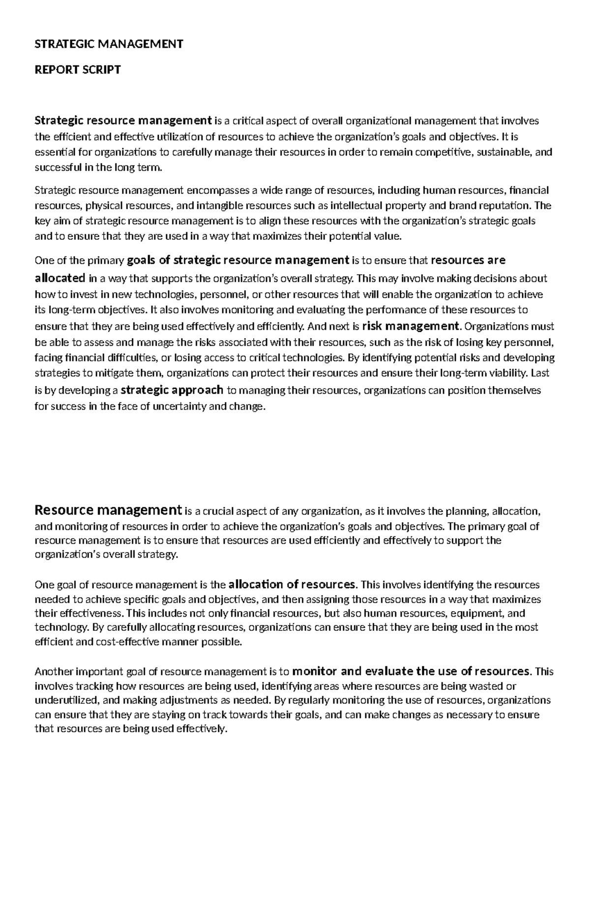 Report Script - Notes - STRATEGIC MANAGEMENT REPORT SCRIPT Strategic ...