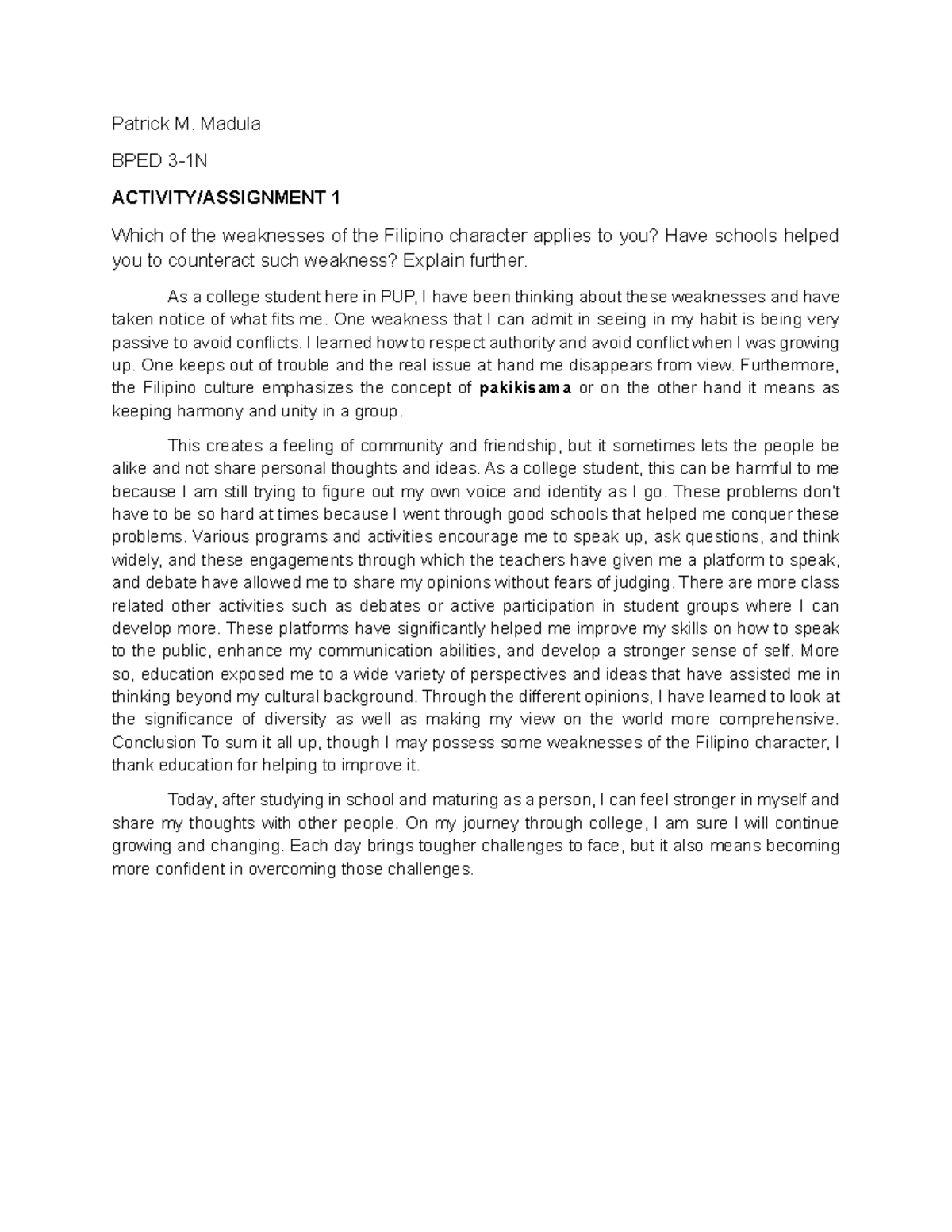 EDUC 019 Madula - Essay - Patrick M. Madula BPED 3-1N ACTIVITY ...