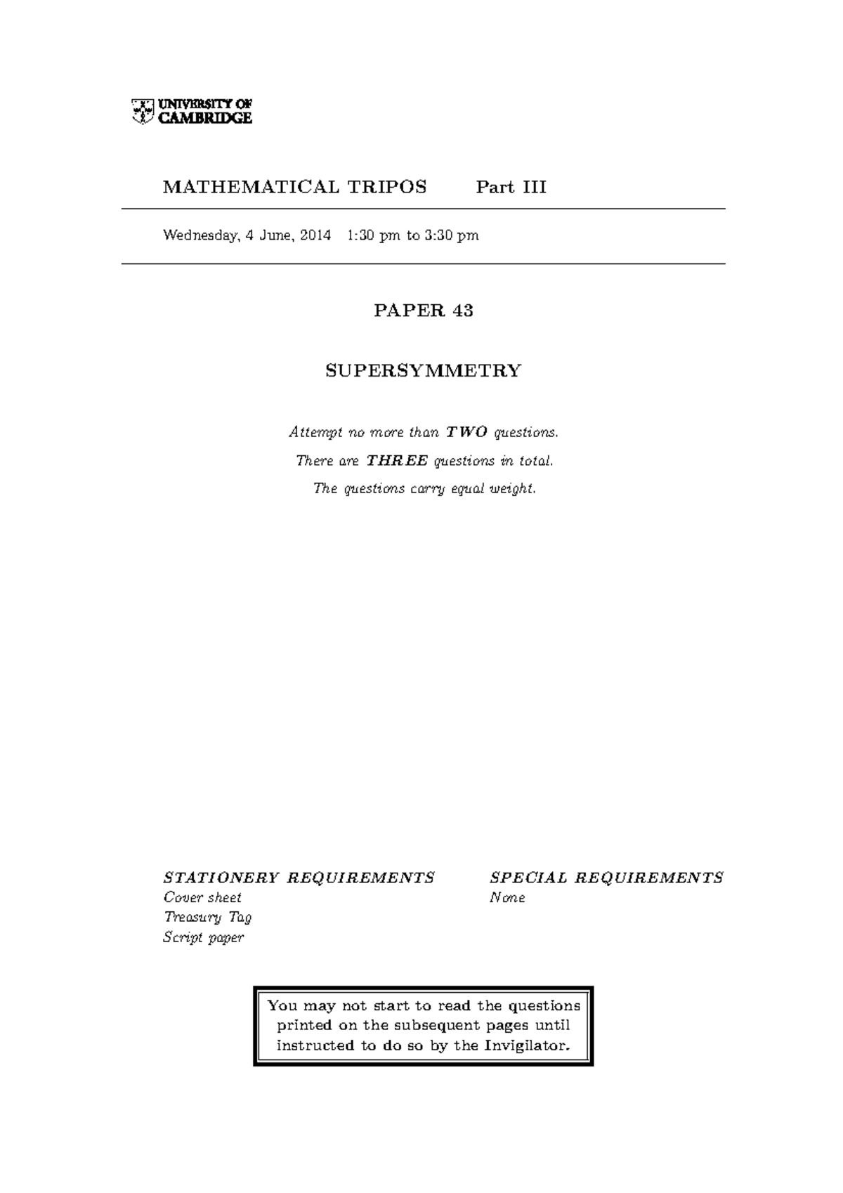 Exam 4 June 2014, questions - MATHEMATICAL TRIPOS Part III Wednesday, 4 ...