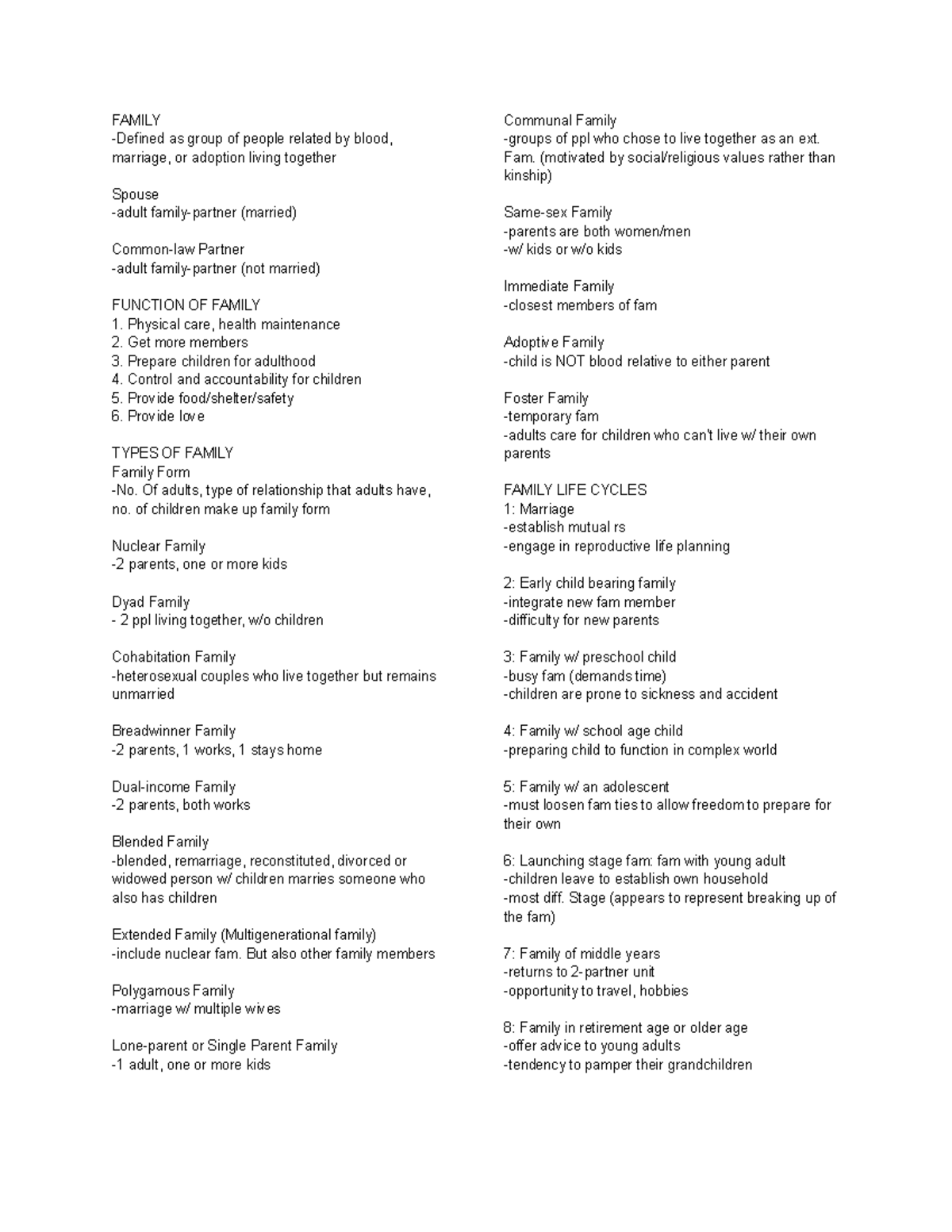 Family - Notes - FAMILY -Defined as group of people related by blood ...