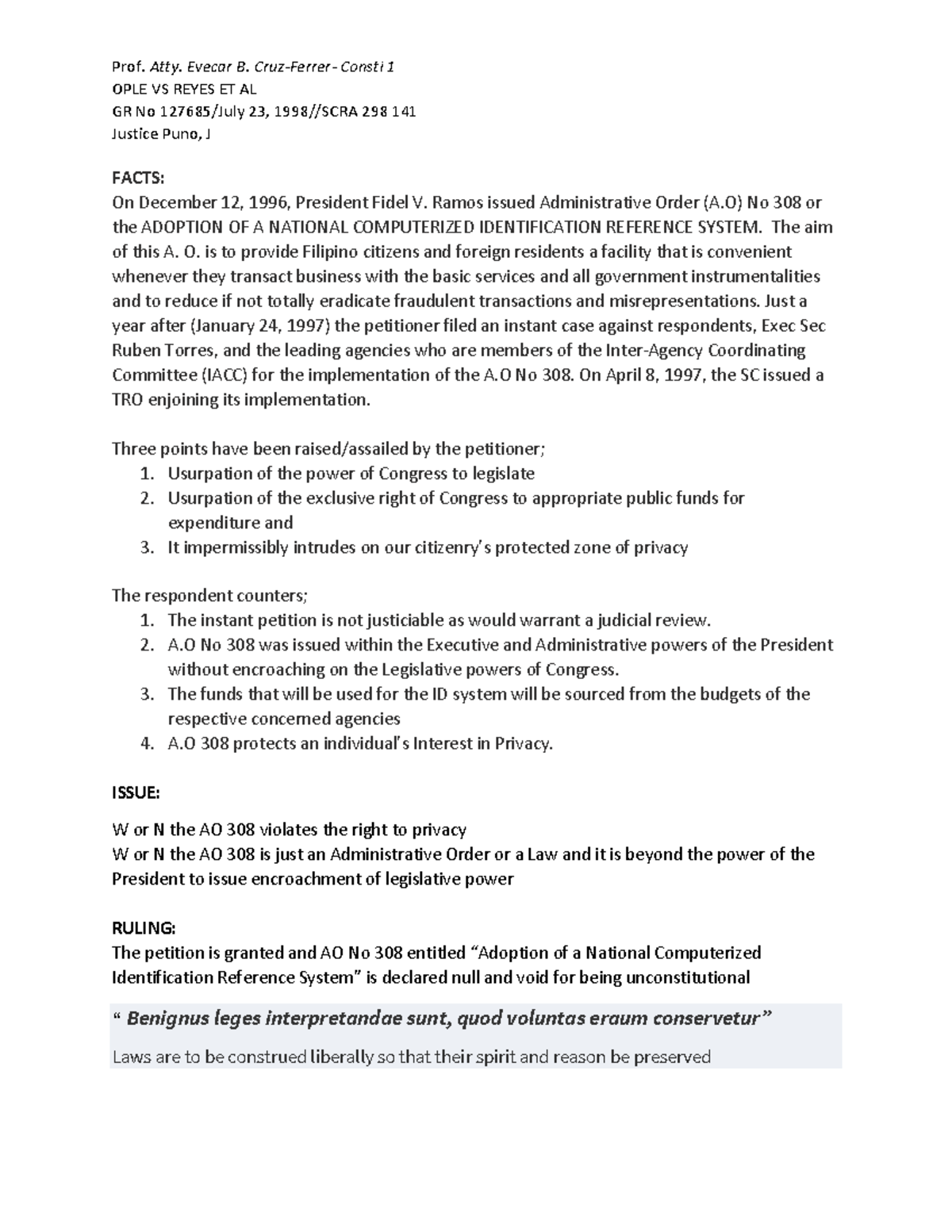 Ople vs People CD - none - Prof. Atty. Evecar B. Cruz-Ferrer- Consti 1 ...