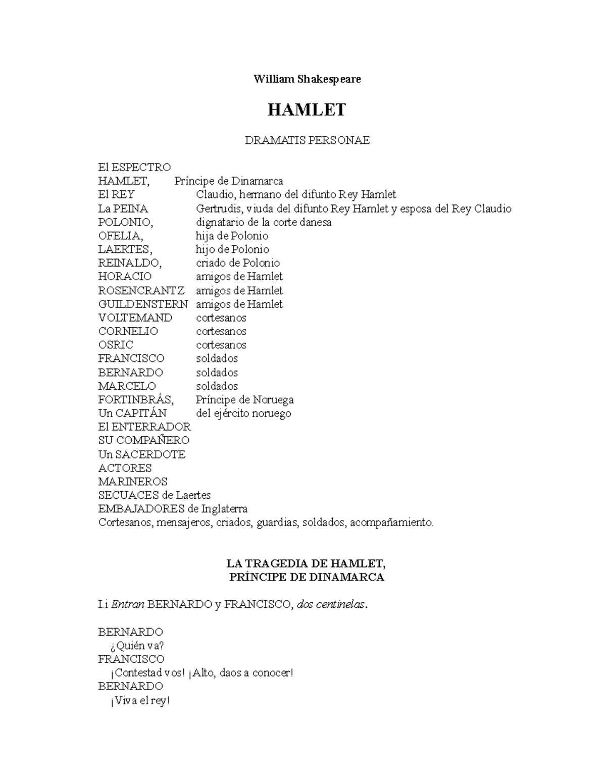 William Shakespeare - Hamlet - William Shakespeare HAMLET DRAMATIS ...