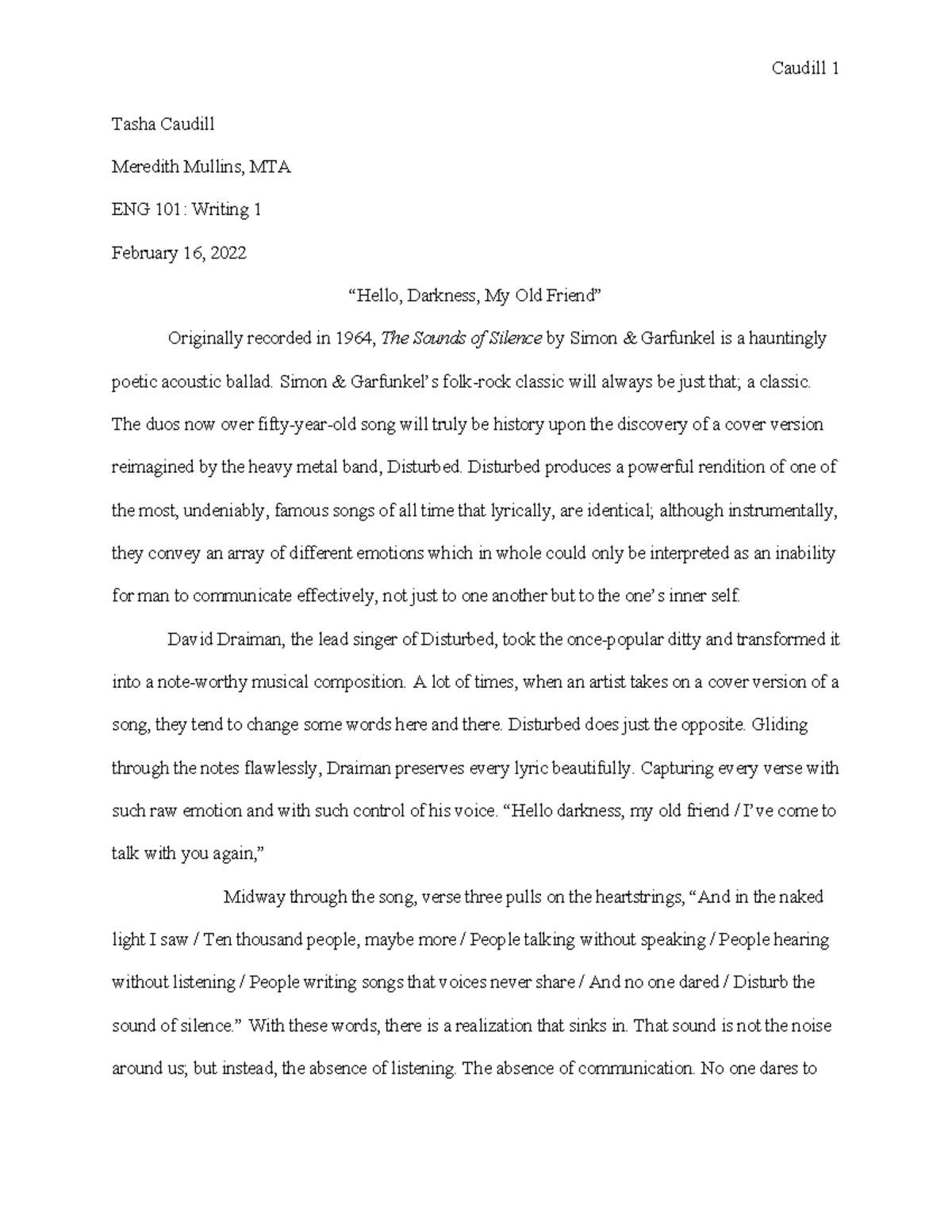 ENG 101 ESSAY #1 - Caudill 1 Tasha Caudill Meredith Mullins, MTA ENG ...