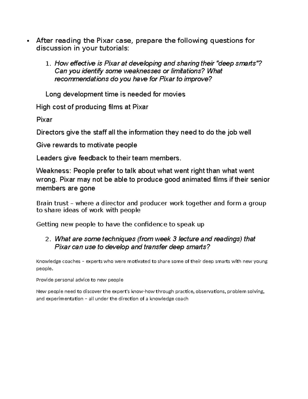 Tute 3 - week 3 tutorial - After reading the Pixar case, prepare the ...
