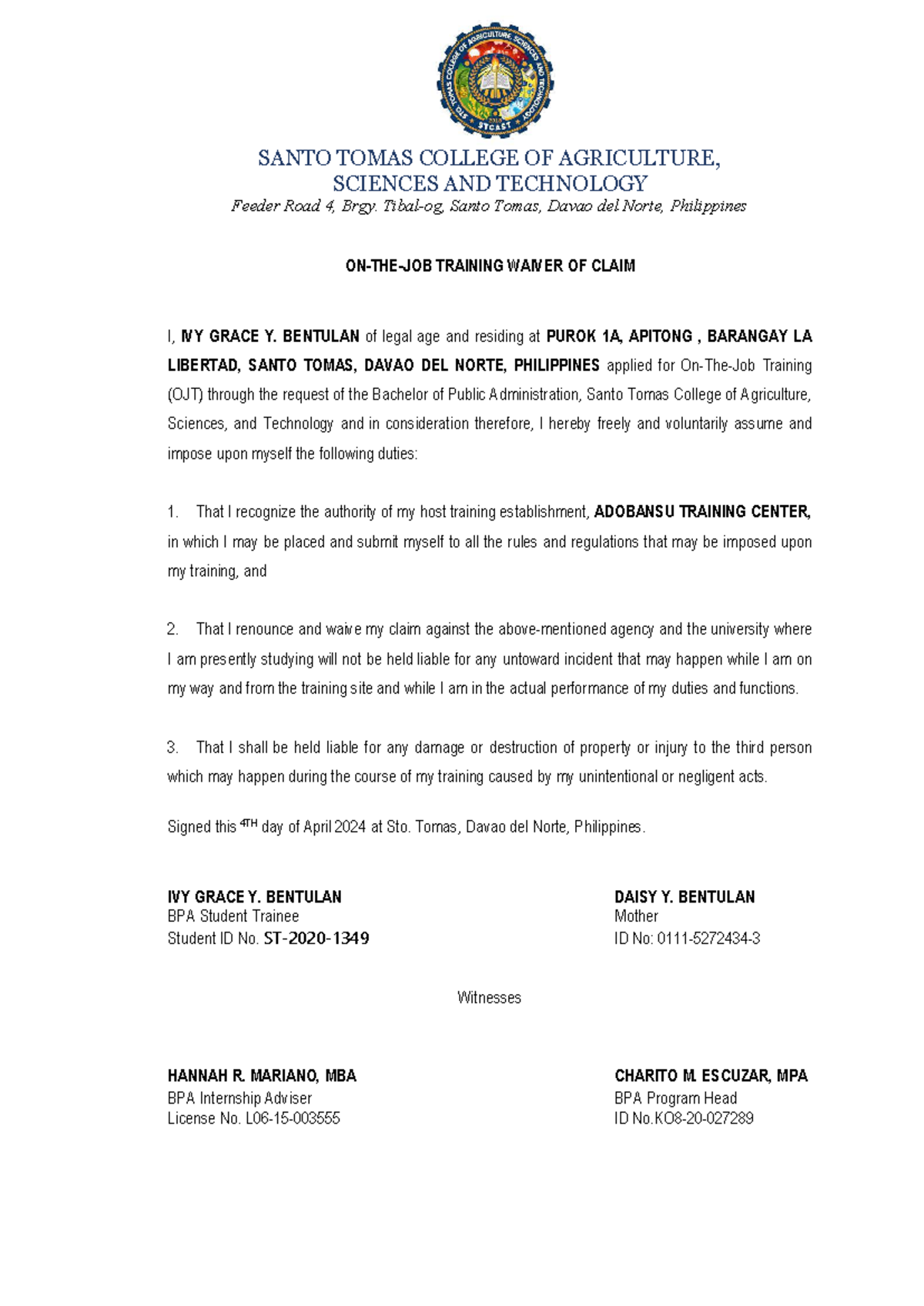 Template Waiver-2 - NOTES - SANTO TOMAS COLLEGE OF AGRICULTURE ...