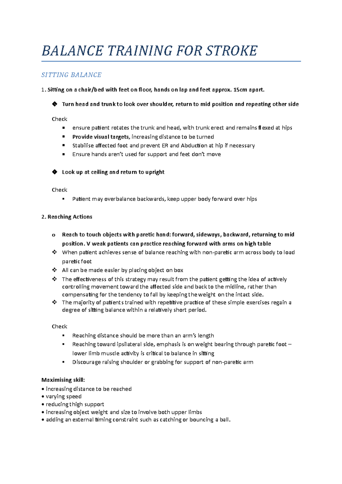 Lecture Notes, Balance Training for Stroke - BALANCE TRAINING FOR ...