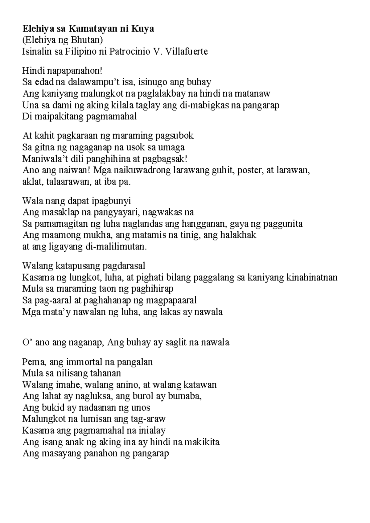 Elehiya sa Kamatayan ni Kuya - (Elehiya ng Bhutan) Isinalin sa Filipino ...