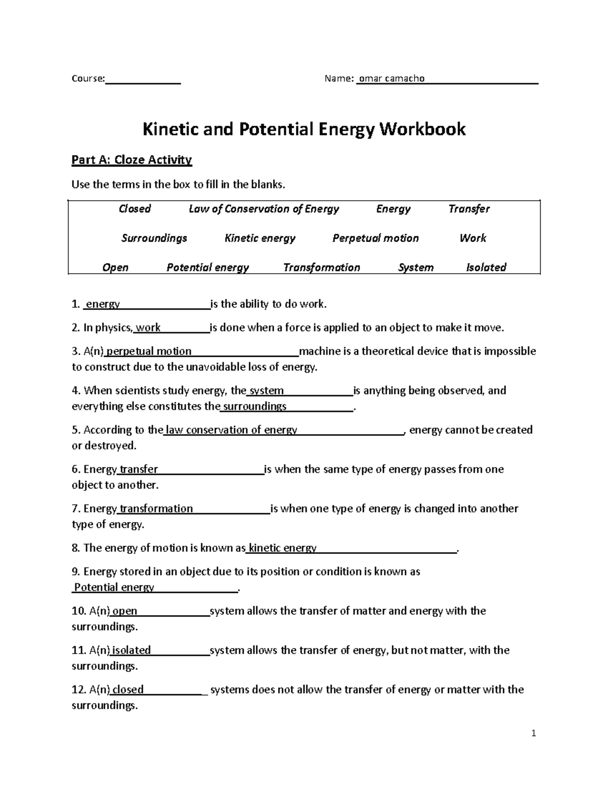 Kineticand Potential Energy Workbook newwww - 1 Course: Name: omar ...