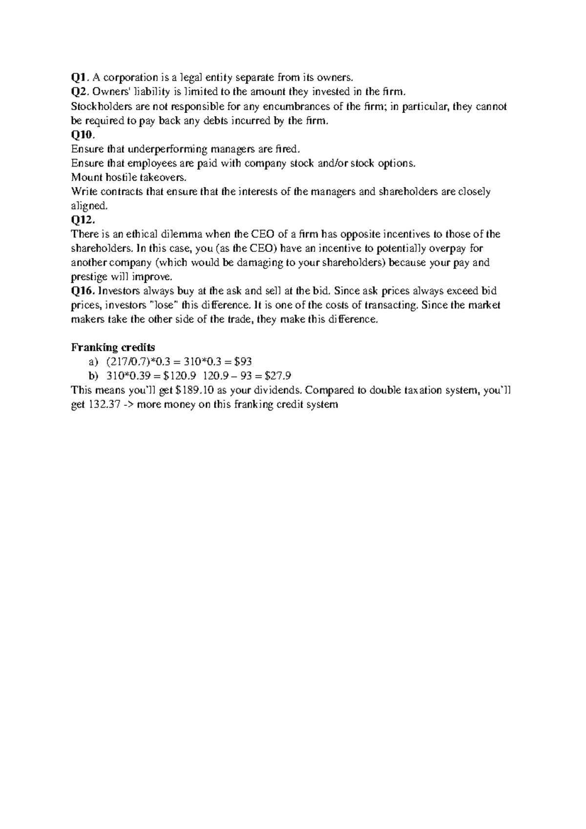 FINA1221 Tut 1 - Q1. A corporation is a legal entity separate from its ...