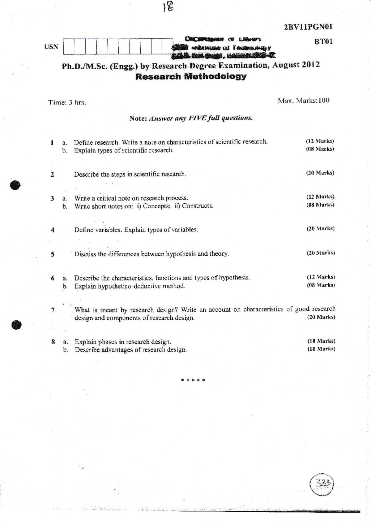 Research methodology - VTU - USN Time: 3 hrs. 2 3a. 4 5 Ph./M,Sc. (Engg ...