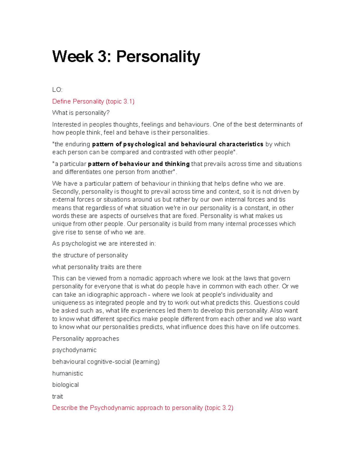 Week 3: Personality - Week 3 - Week 3: Personality LO: Define ...