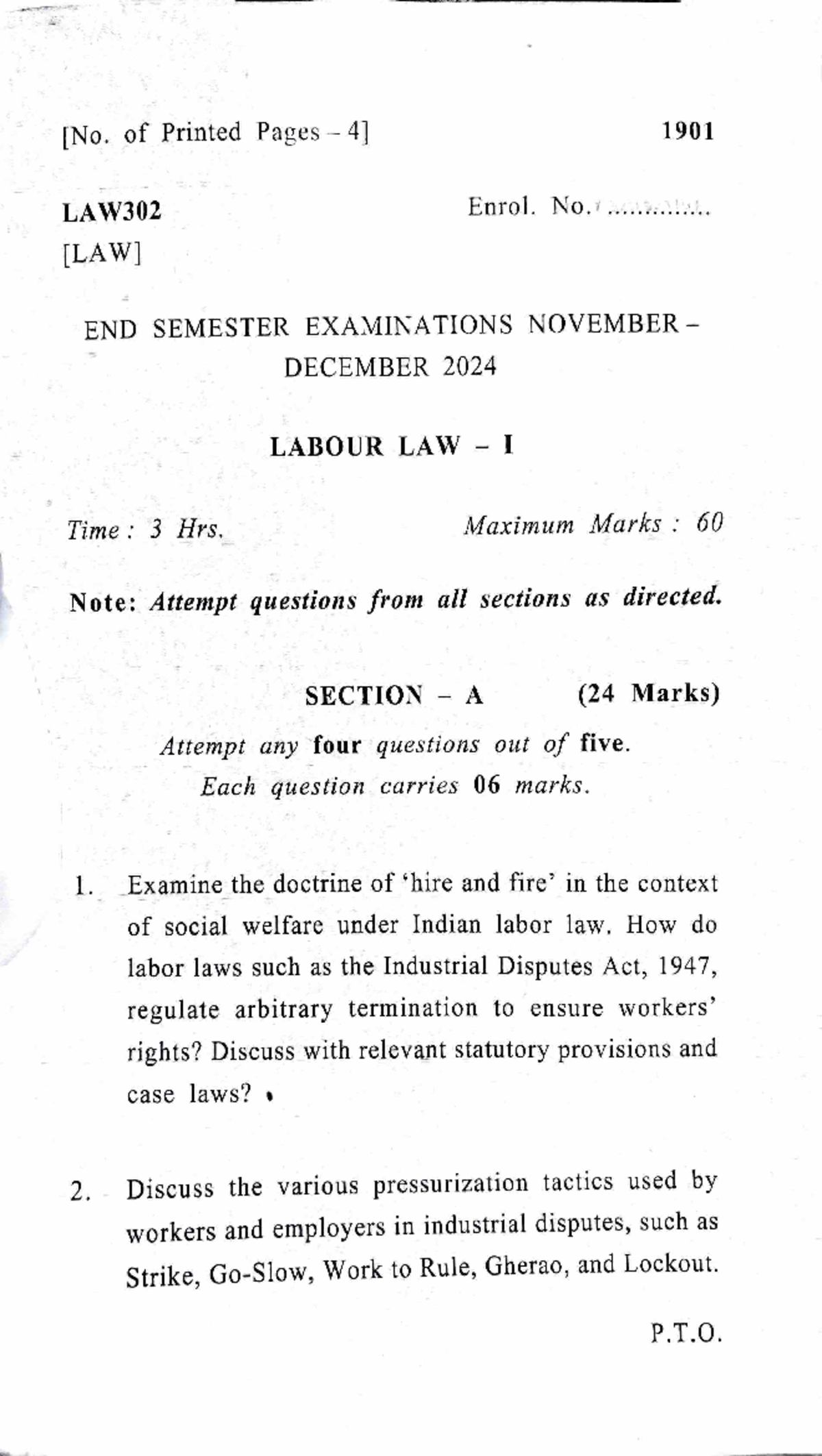 Labour law 1 - Previous year questions - [No. of Printed Pages - 4 ...