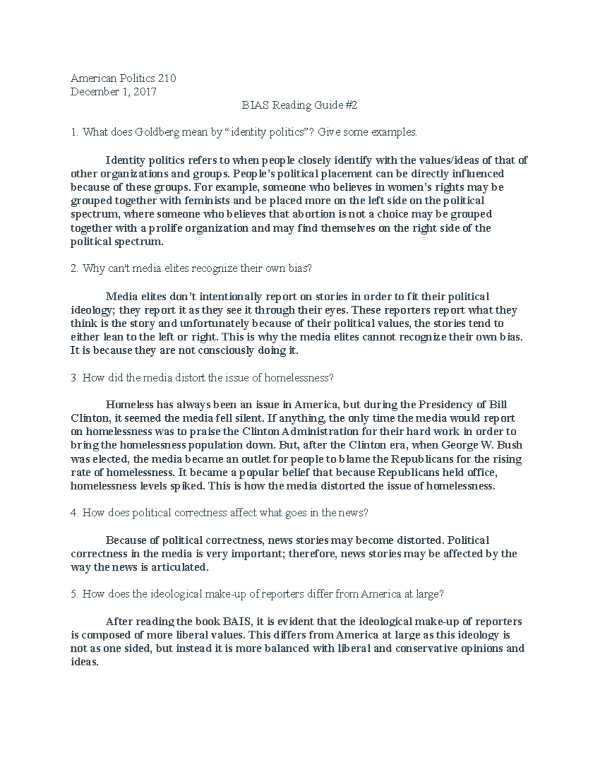 BIAS Reading Guide #2 - Summary Bias - Bias - American Politics 210 ...