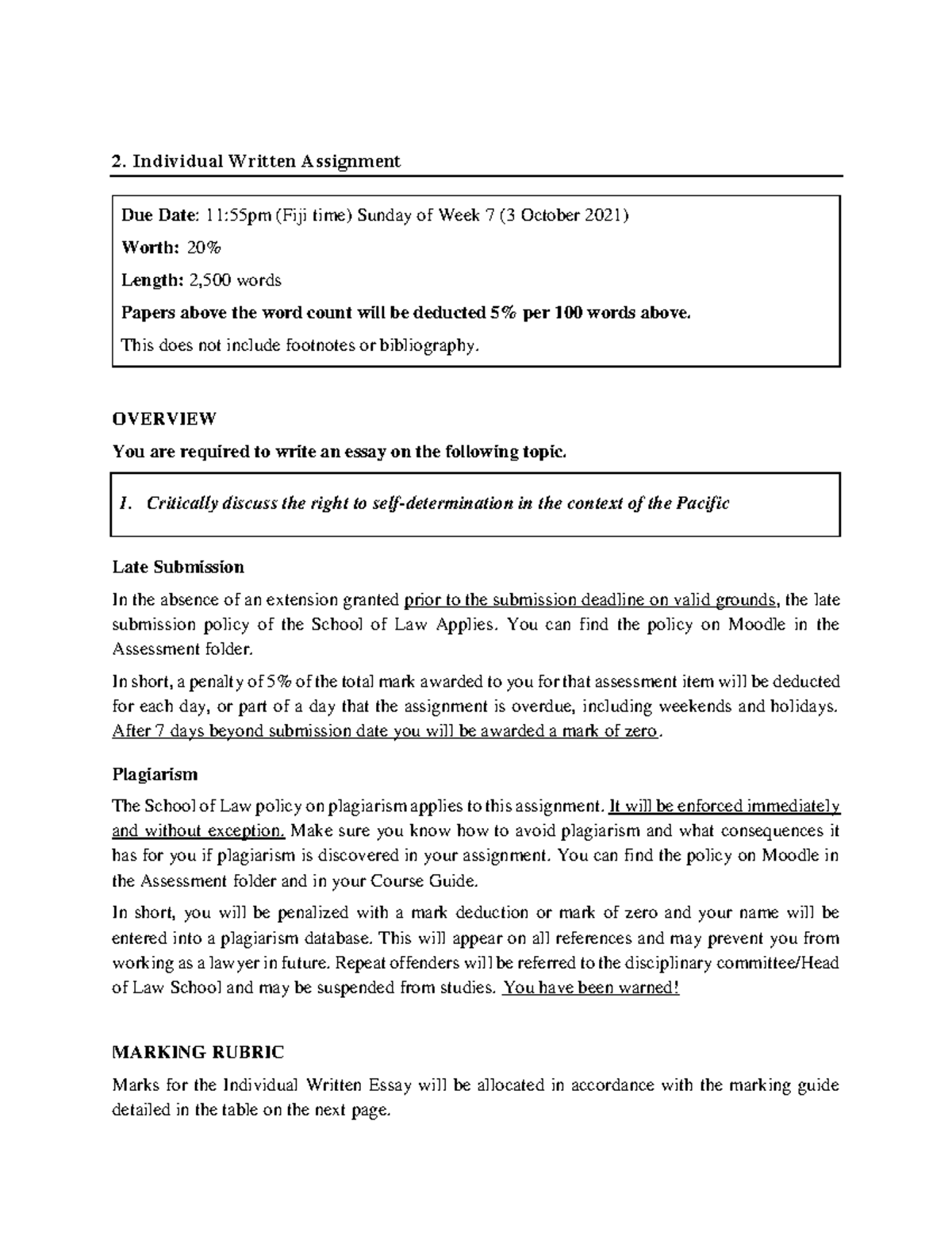 Assignment Question and Marking Criteria - 2. Individual Written ...
