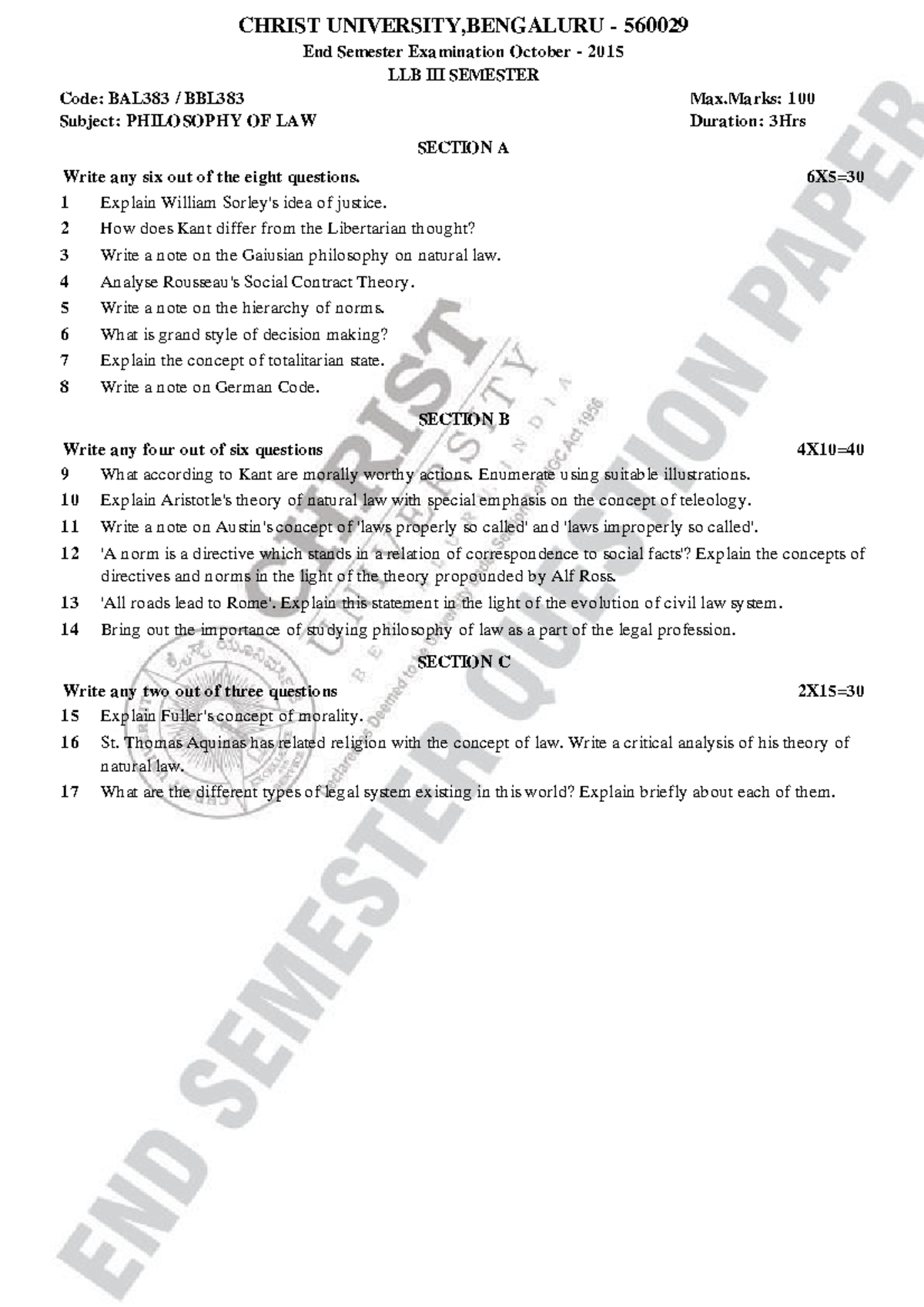 POL 2015 - Philosophy of Law Question Paper 2015 - CHRIST UNIVERSITY ...