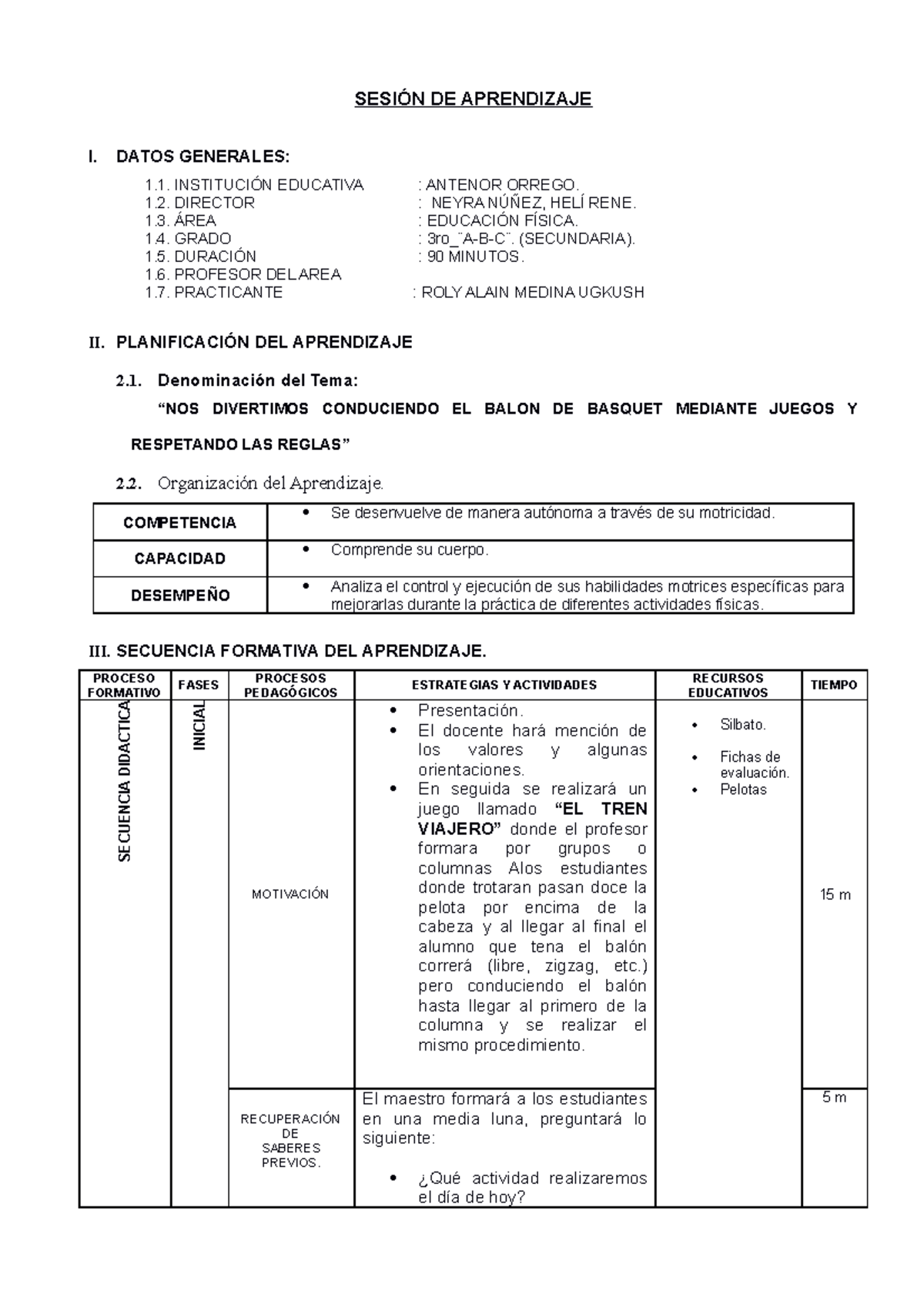 Secion DE Basquet 3RO A-B Y C Medina - SESIÓN DE APRENDIZAJE I. DATOS ...