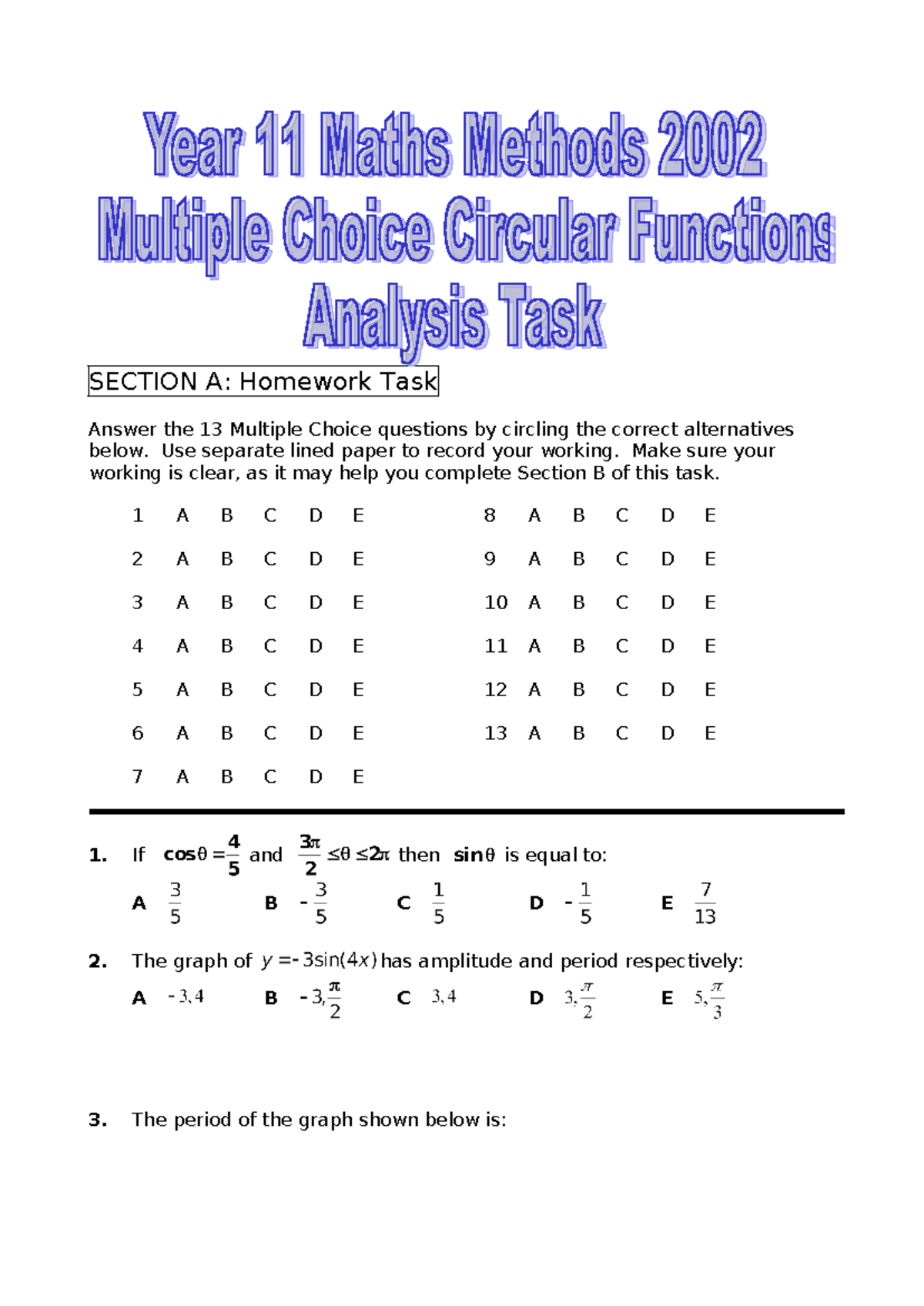 Analysis task circular functions - SECTION A: Homework Task Answer the 13 Multiple Choice ...
