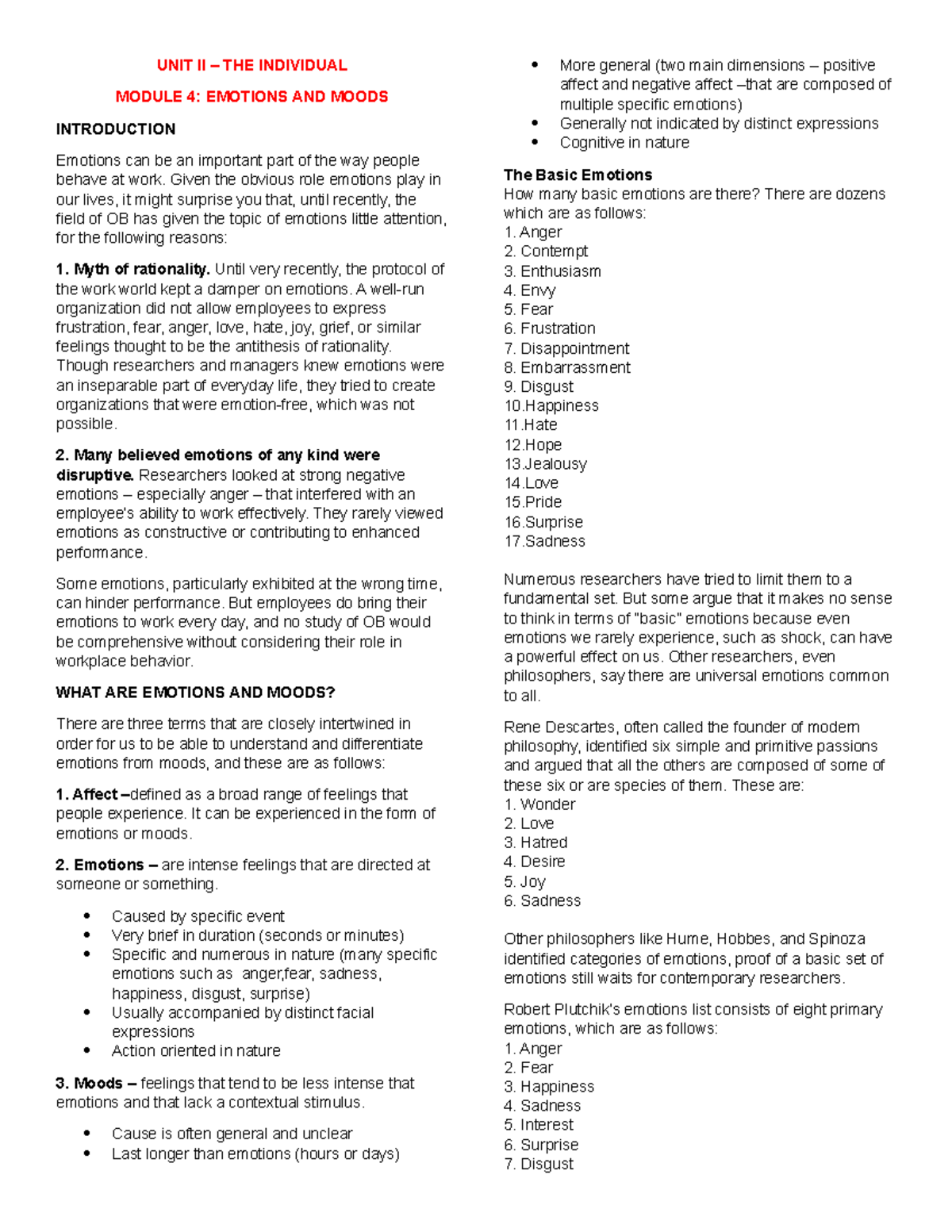 Chapter 4 notes - UNIT II – THE INDIVIDUAL MODULE 4: EMOTIONS AND MOODS ...
