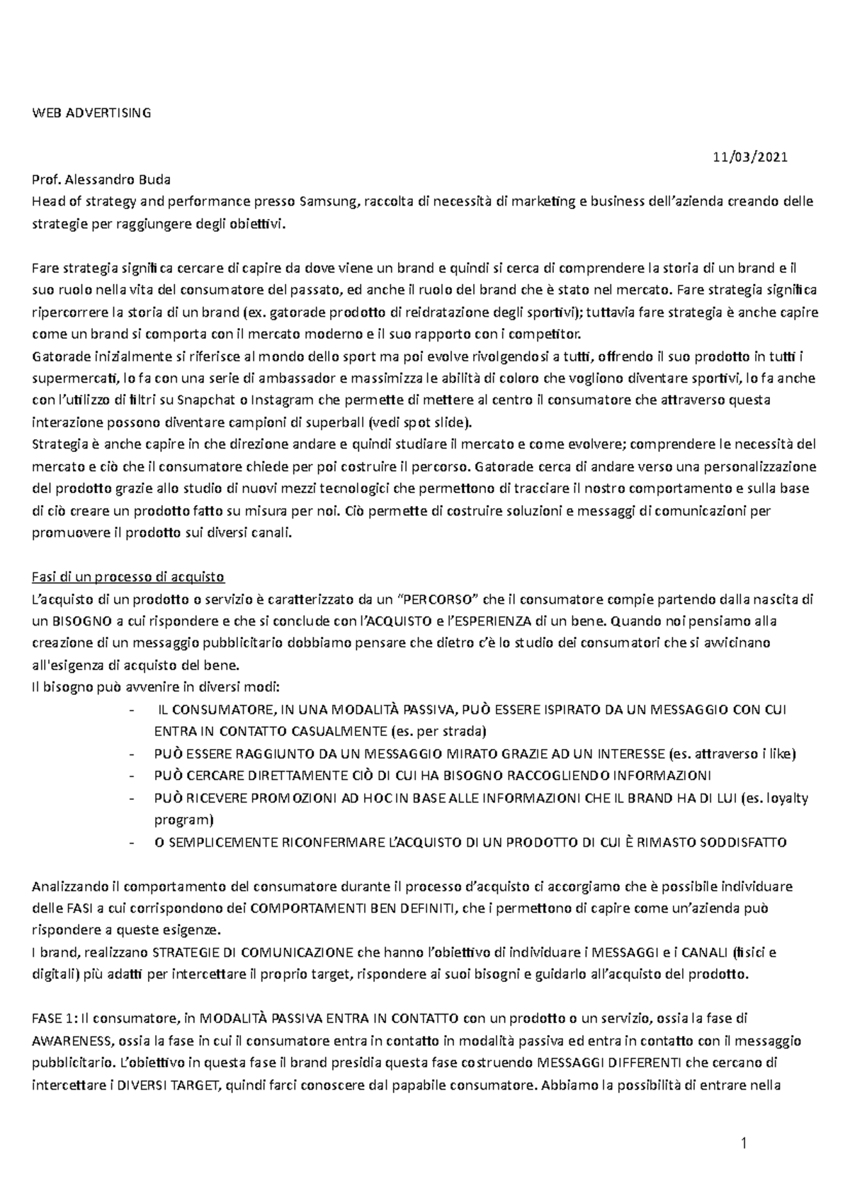 WEB ADV - appunti - WEB ADVERTISING 11/03/ Prof. Alessandro Buda Head ...