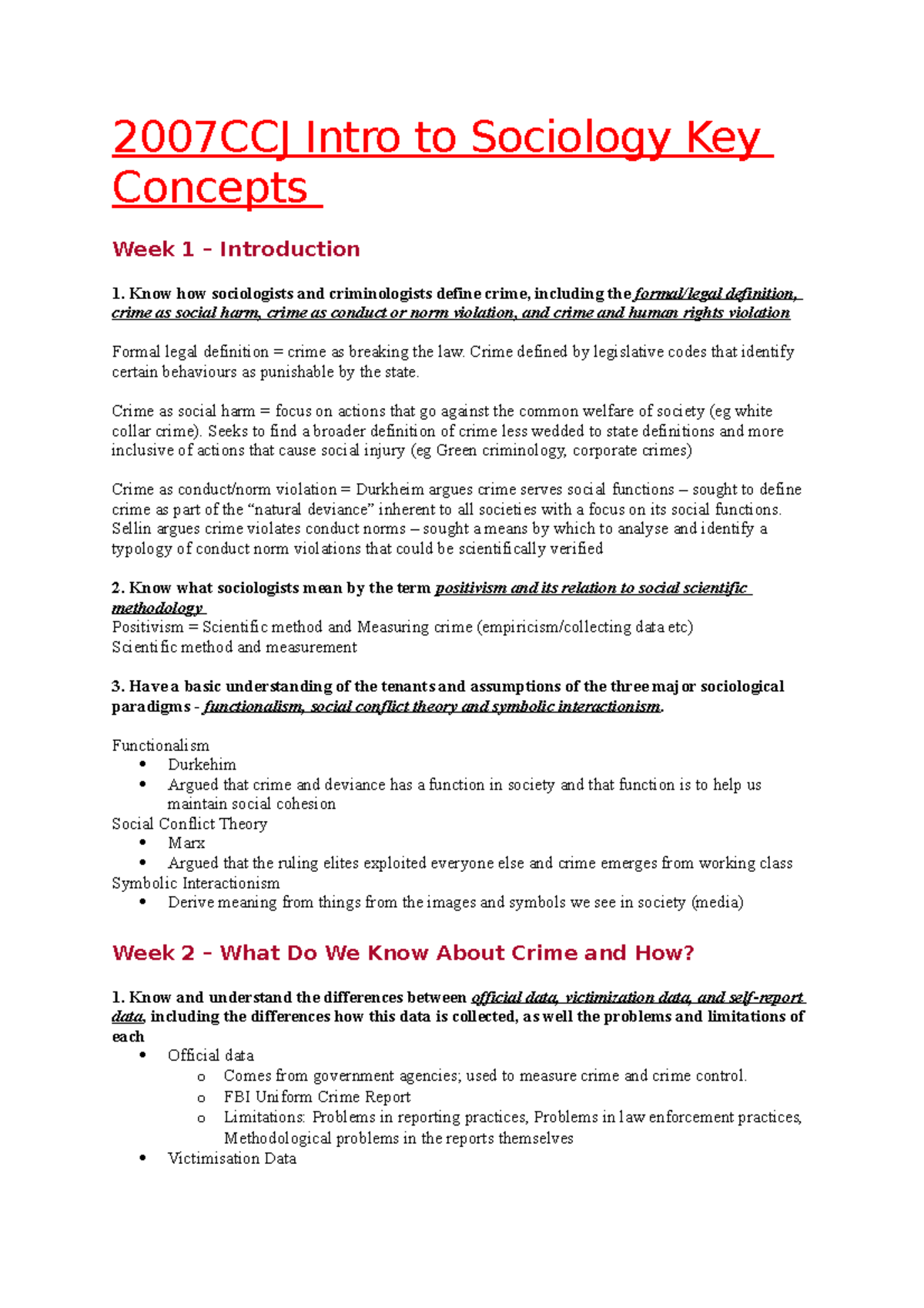 2007 CCJ Key Concepts - 2007CCJ Intro to Sociology Key Concepts Week 1 ...