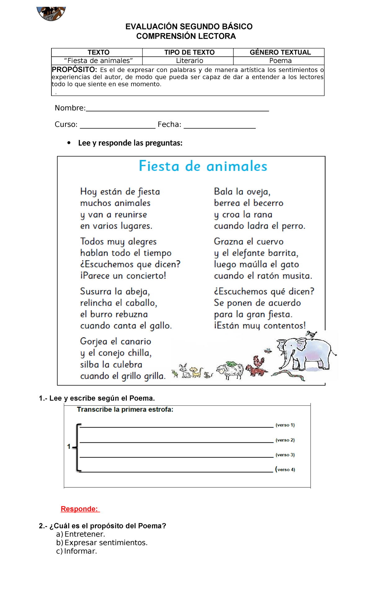 Evaluacion Comp. Lectora Poema - EVALUACIÓN SEGUNDO BÁSICO COMPRENSIÓN ...
