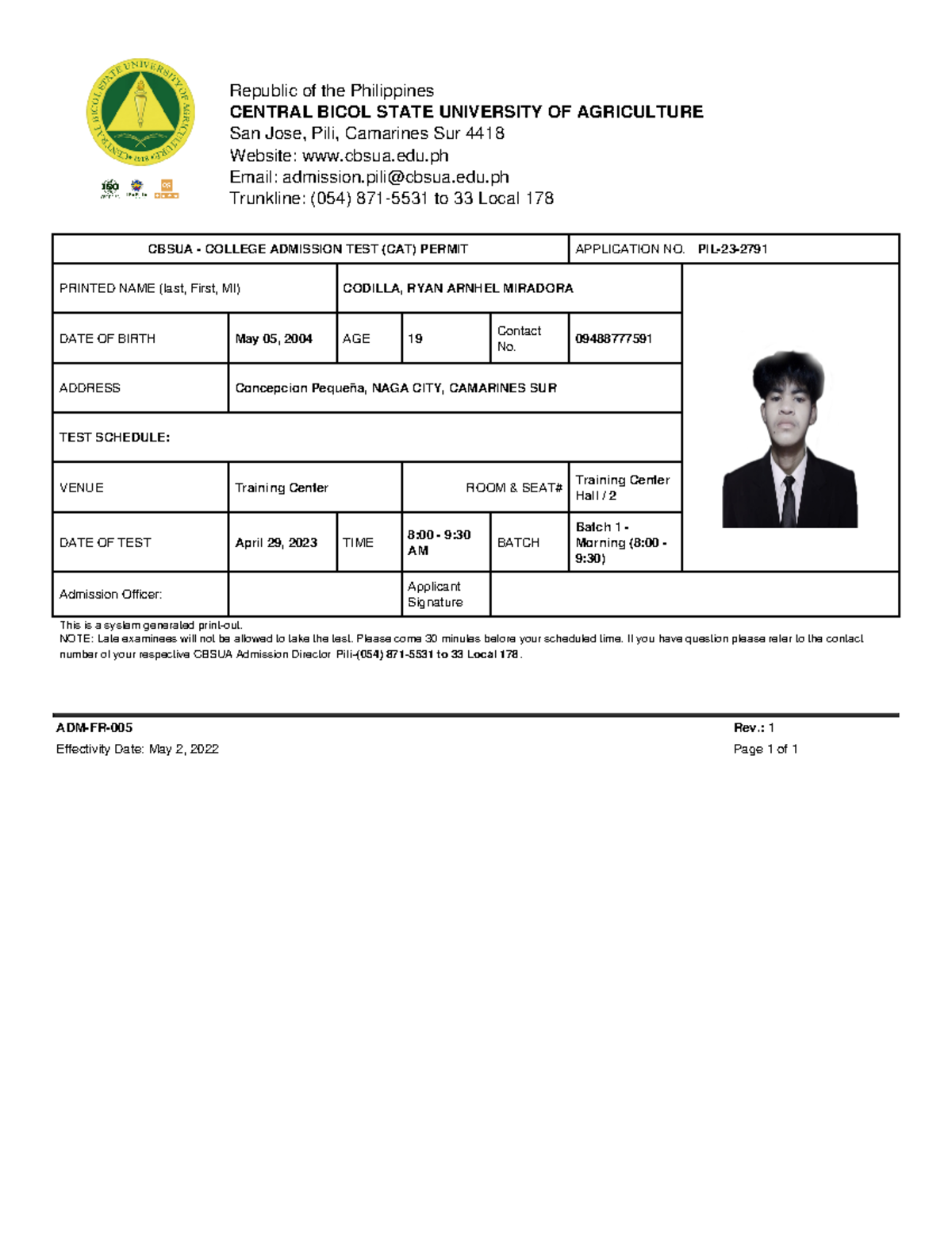 Exampermit 2023-03-30 - Republic of the Philippines CENTRAL BICOL STATE ...